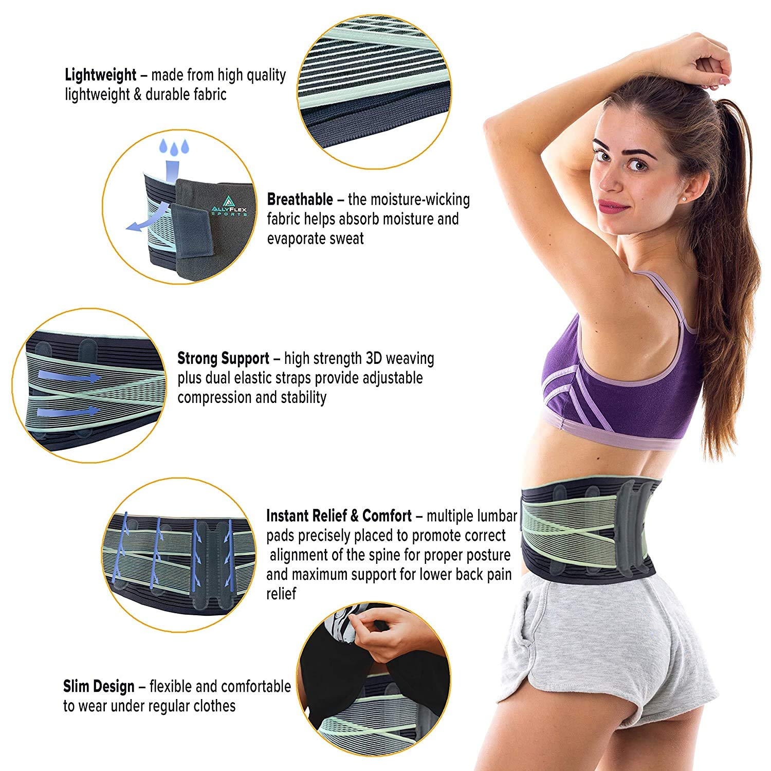 AllyFlex Sports® Lumbar Support - Back Brace For Men & Women Ergonomic Design and Lightweight Breathable Material Provide Back Support and Pain Relief for Waist - M/L (31.5'' - 39.0'')