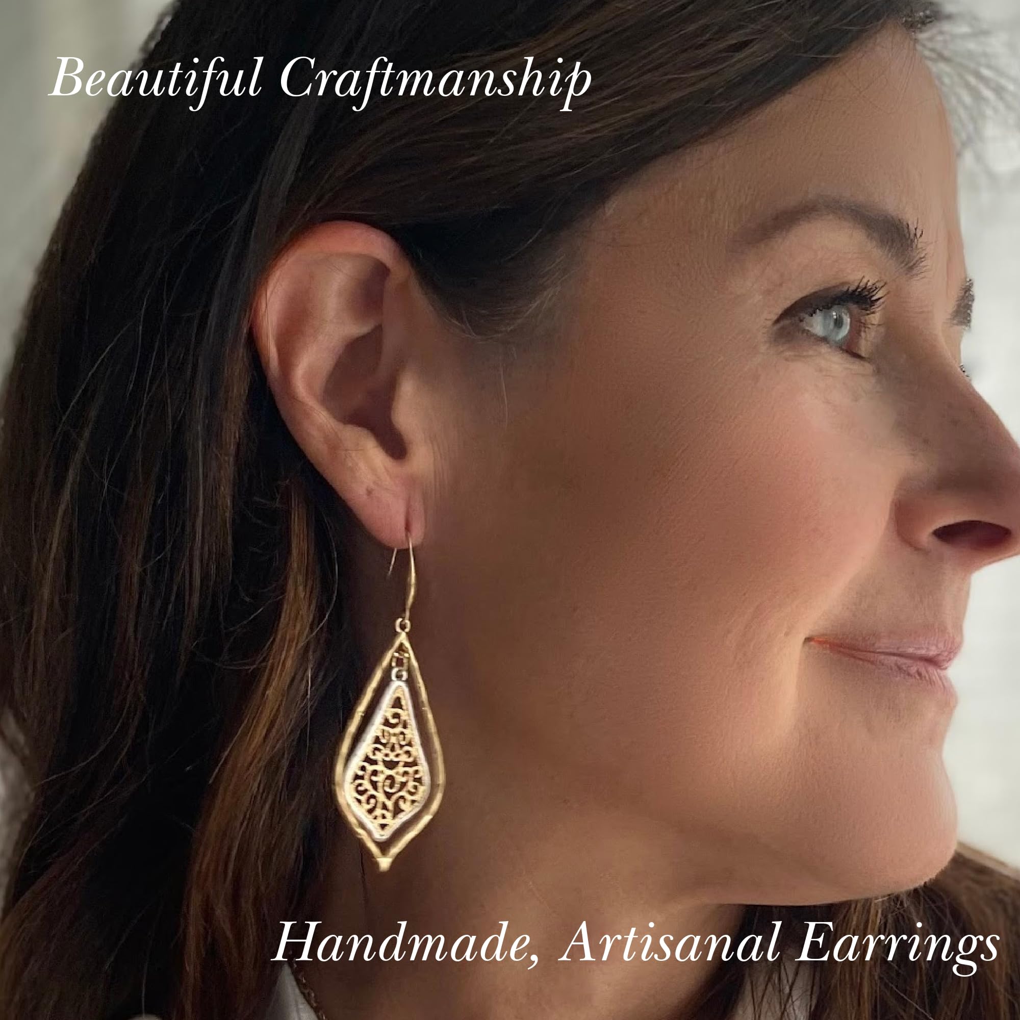 ALLISON ROSE ATELIER β Boho Filigree Two-Tone Dangle Earrings - Exquisite Handcrafted Jewelry for Boho Chic Style - Large Two Tone Worn Gold and Silver Plated Earring Set