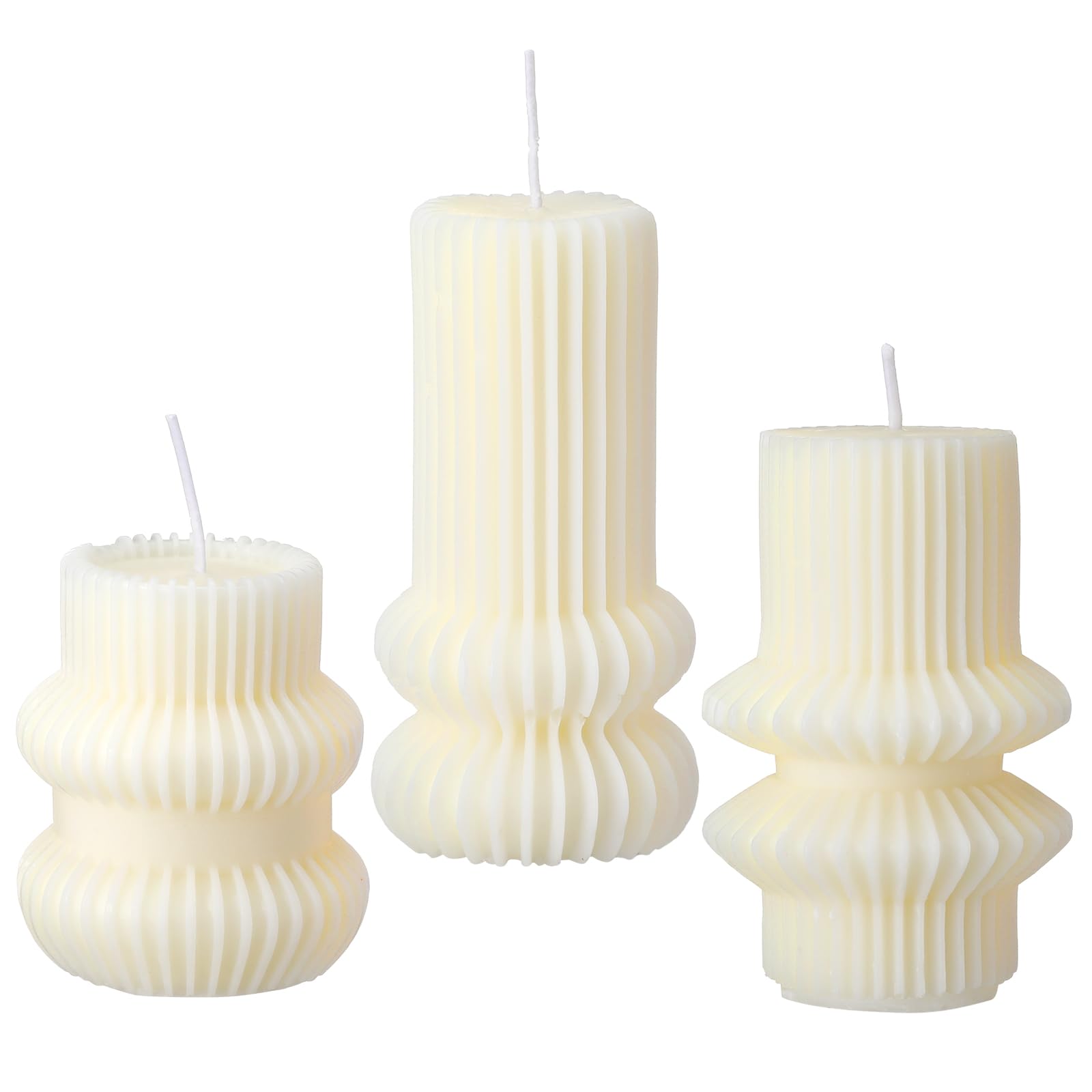 MTLEE 3 Pcs Small Ribbed Pillar Candles Scented Pillar Candle Decorative Candles Soy Wax Aesthetic Candle 4.7, 4.2, 3.2 in Height Modern Geometric Home Decor for Bathroom Living Room(Khaki)