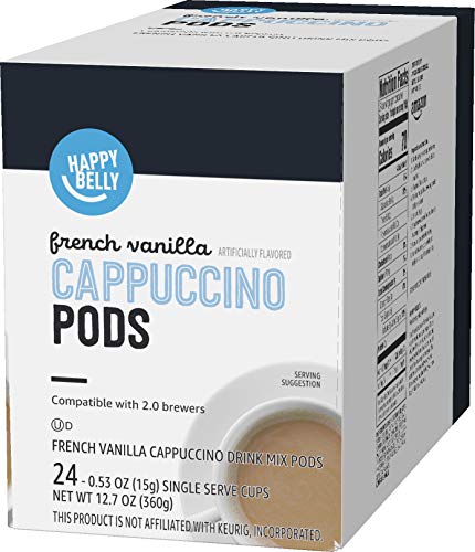 Amazon Brand - Happy Belly Cappuccino Coffee Pods, Light Roast, Compatible with K-Cup Brewers, French Vanilla Flavored, 24 Count
