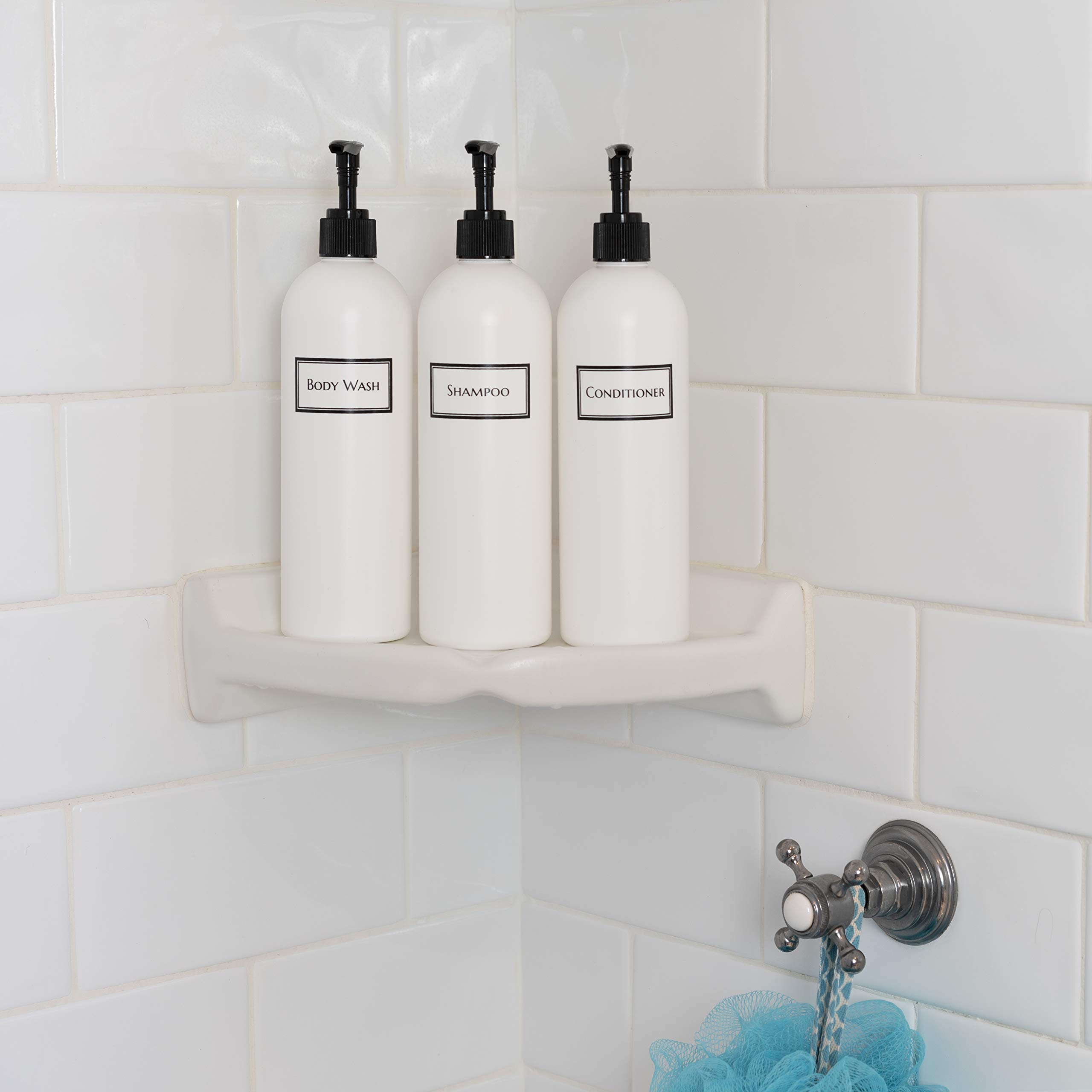 Artanis Home Silkscreened Empty Shower Bottle Set for Shampoo, Conditioner, and Body Wash, Cosmo/Bullet 16 oz 3-pack, White (Black Pumps)