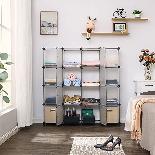 ANWBROAD Cube Storage Organizer, 16-Cube Modular DIY Book Shelf with Doors, Closet Clothes Organizer, Plastic Storage Cubbies Cabinet for Living Room Bedroom Office White ULCS16TM