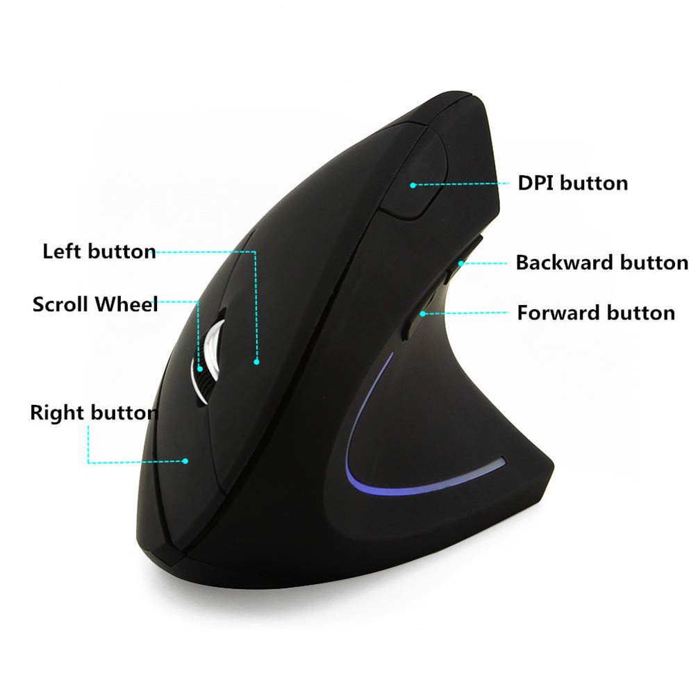 FLY WAY Wireless Vertical Mouse,2.4G Ergonomic Optical Mice 800/1200 /1600 DPI 5 Buttons Mouse with USB Receiver for PC Laptop Desktop Gaming (Black)