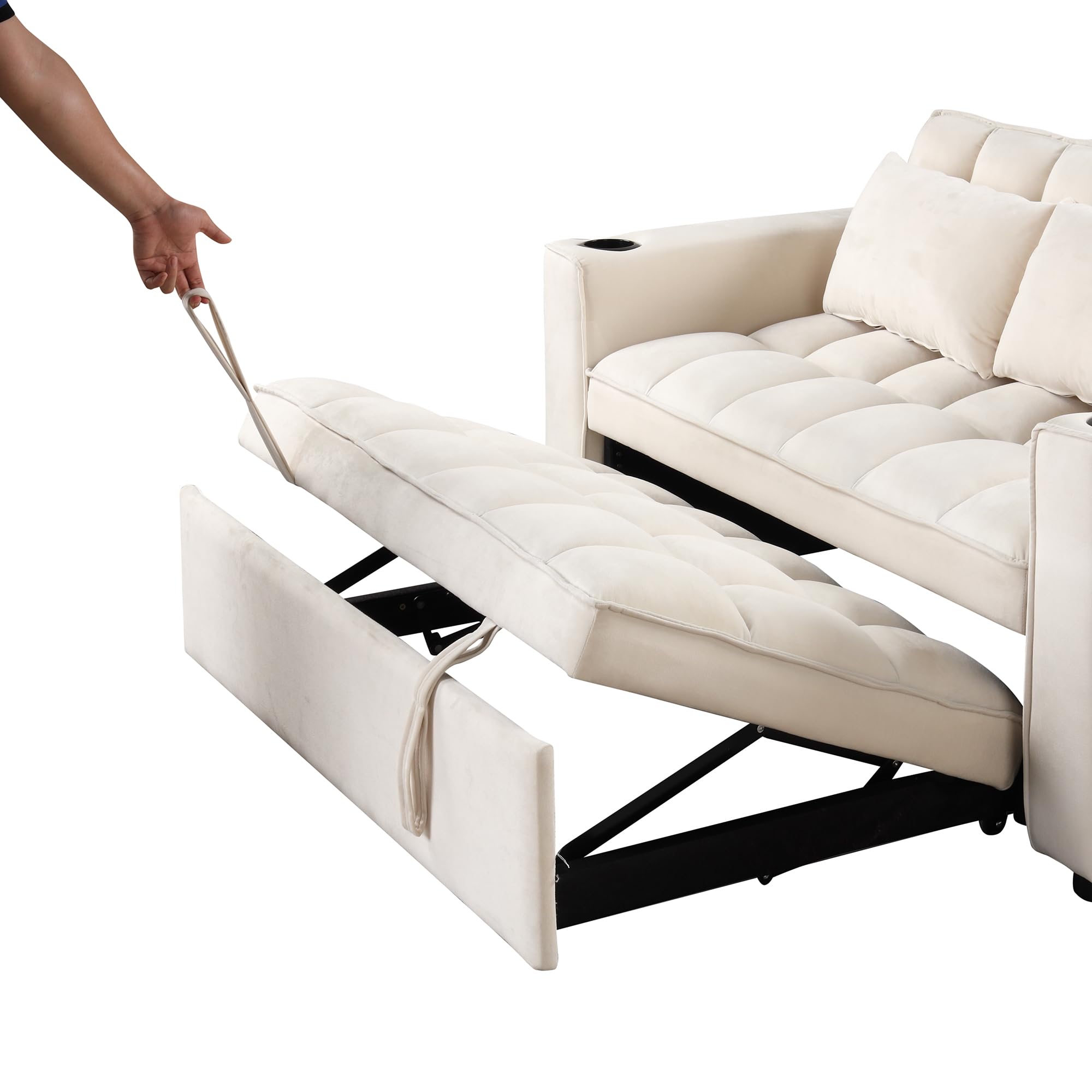 Merax 58" 4-1 Multi-Functional Velvet Sofa Bed with Cup Holder and USB Port for Living Room or Apartments Love Seats, Milky White