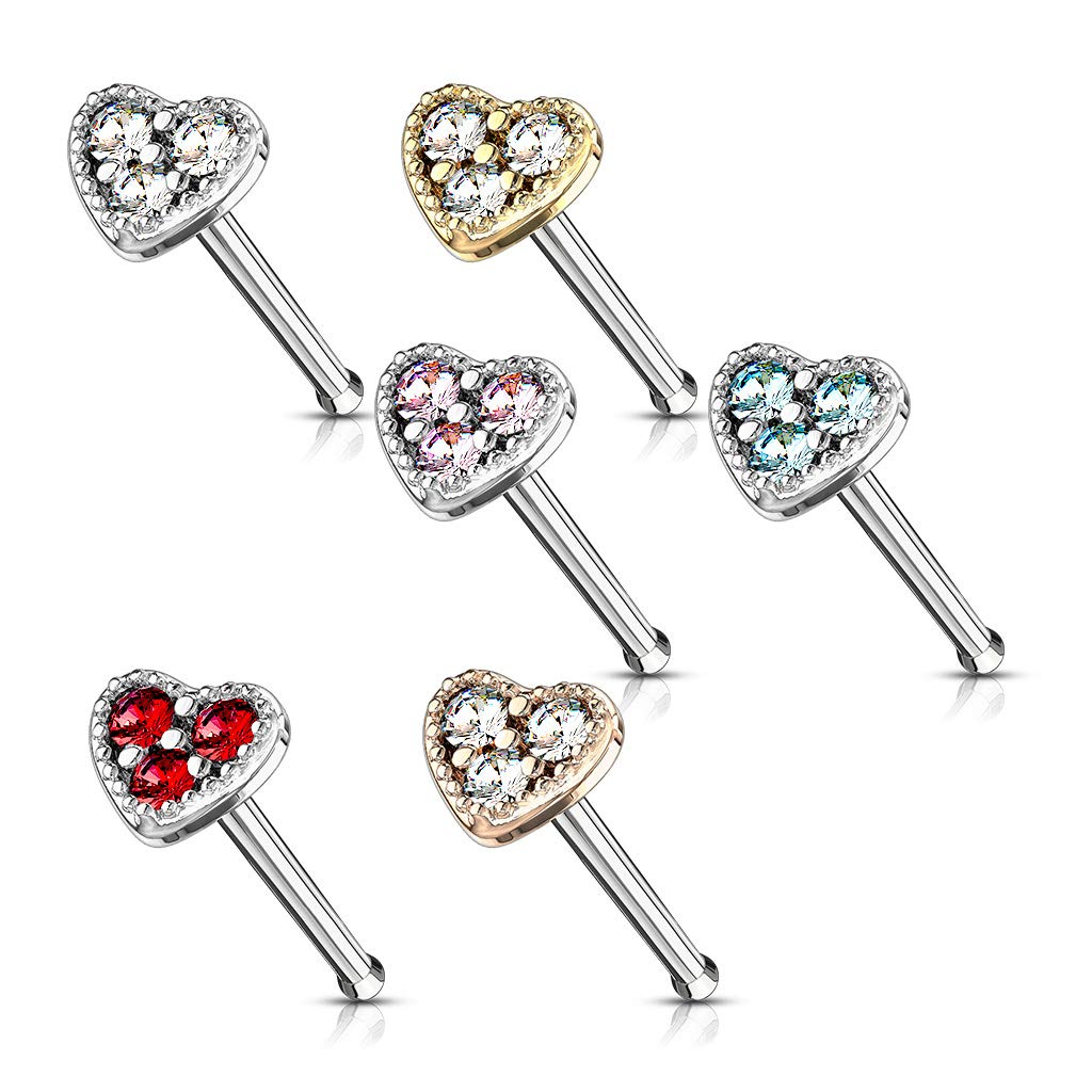 Amelia Fashion 20 Gauge CZ Set Heart Nose Bone Stud 316L Surgical Steel (Choose Color) (Red)