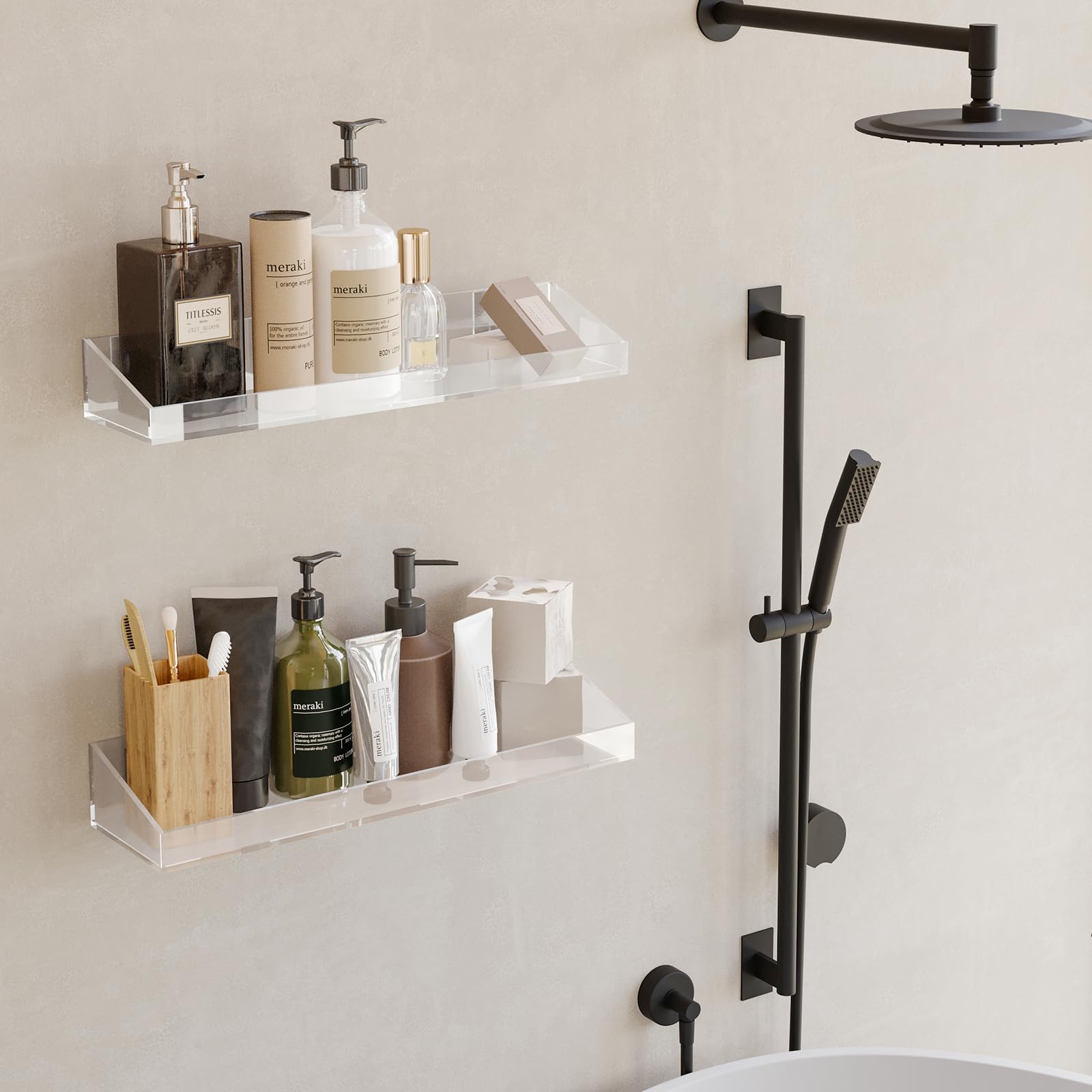 Fixwal 2 Pack Acrylic Shower Caddy Shelves, Storage Self Adhesive Clear Bathroom Strong Organizer Rack No Drilling for Shower Inside Home Kitchen Dormitory RV Accessories First Apartment Essentials