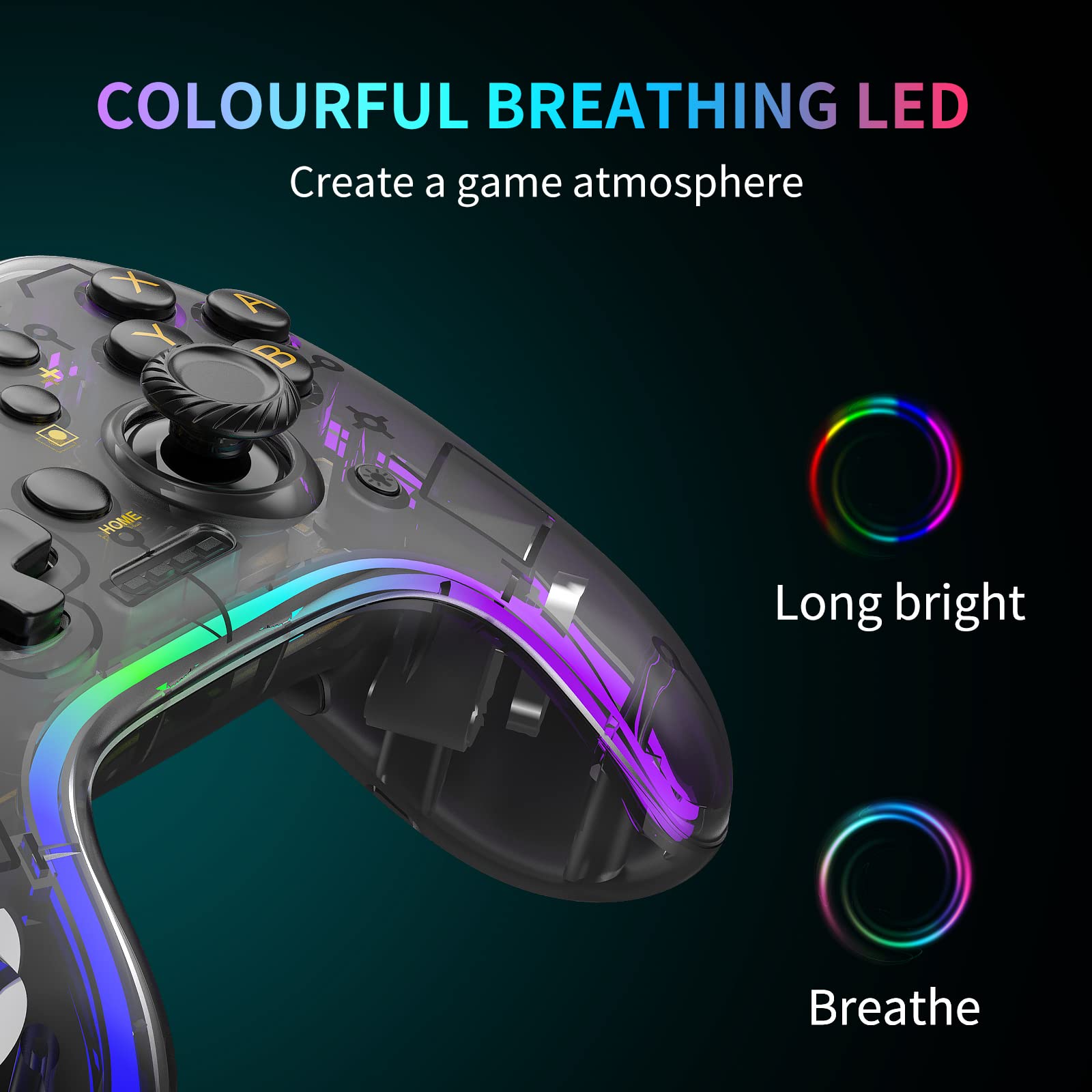 Babomi Switch Controllers, Switch Pro Controller Compatible with Nintendo Switch/Oled/Lite, Pro Controller Switch with LED Lights, 6 Gyro Axis, Turbo and Dual Vibration (Transparent)