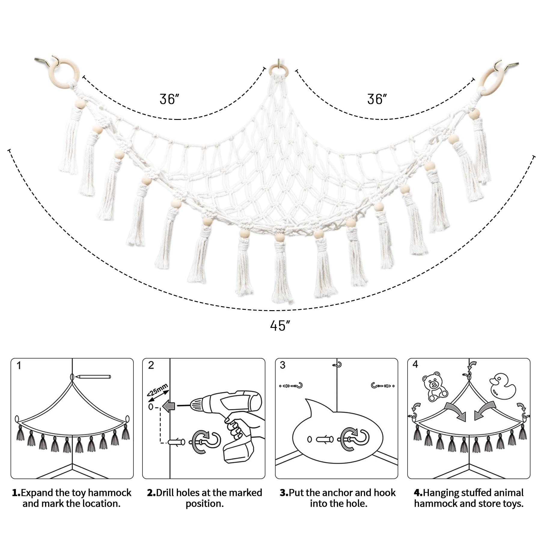 EndSource Stuffed Animal Net or Hammock, Upgraded Large Handmade Durable Macrame Toy Hanging Storage for Girls Boy, Net Holder Organizer in Nursery Playroom Bedroom Kid Room Corner, White (ED0029SS)