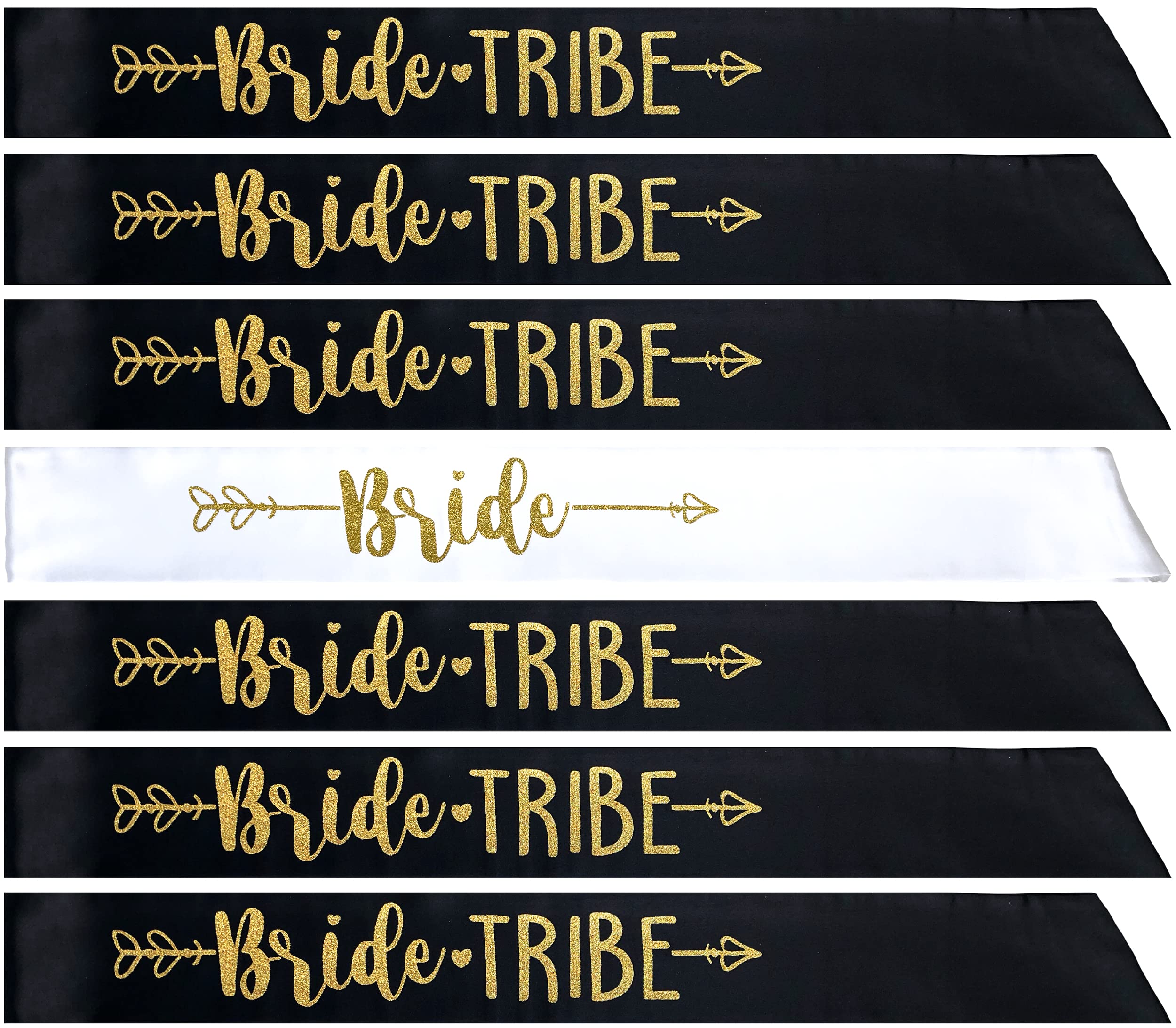 Bride Tribe 7pc or 10pc Satin Sash Set - Sophisticated & Fun Party Favors for Bachelorette Party, Bridal Shower & Wedding Party (Black & Gold, 7pc Set)