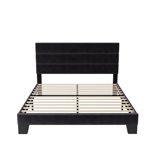 Allewie Queen Size Platform Bed Frame with Velvet Upholstered Headboard and Wooden Slats Support, Fully Upholstered Mattress Foundation/No Box Spring Needed/Easy Assembly, Black