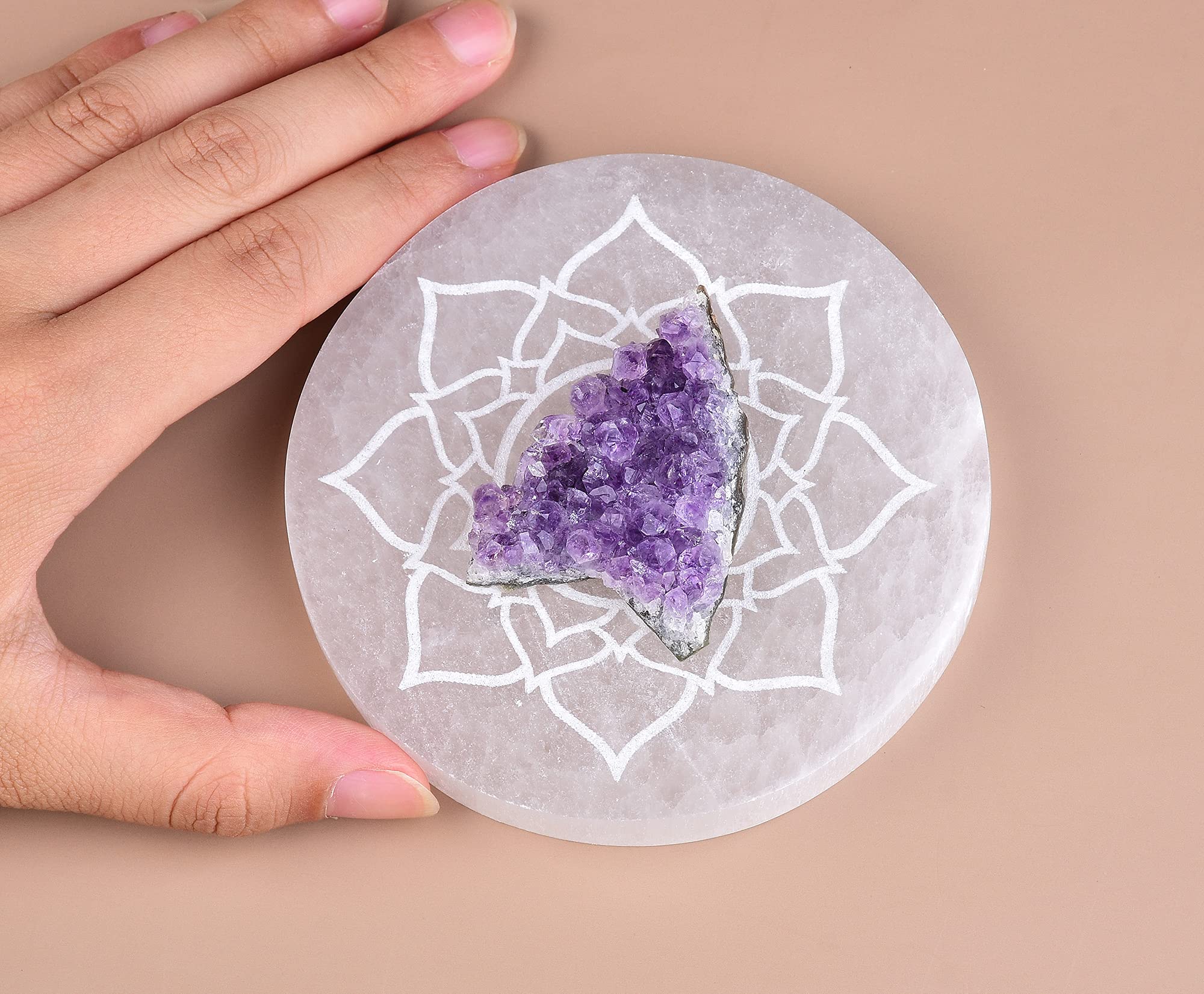 AMOYSTONE 4" Round Selenite Plate Flower Etched Selenite Slab for Cleansing Charging Crystals