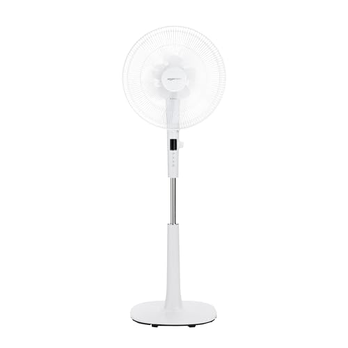 Amazon Basics 16-Inch 12-Speed Pedestal Floor Fan, Standing Fan for Home, with Oscillating Dual Blades, Remote Control, Ultra Quiet and Energy-Efficient DC Motor, Timer, Tilted Head, White