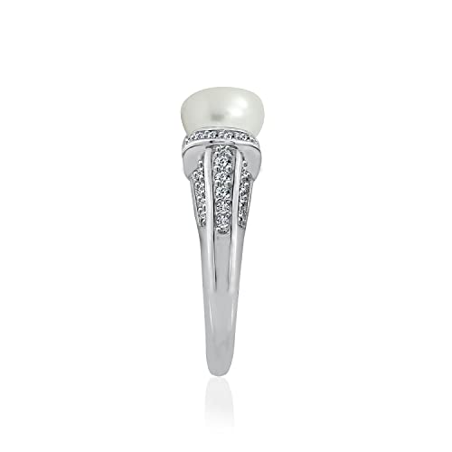 Amazon Collection Platinum Plated Sterling Silver Infinite Elements Cubic Zirconia Freshwater Cultured Pearl Ring, Size 7