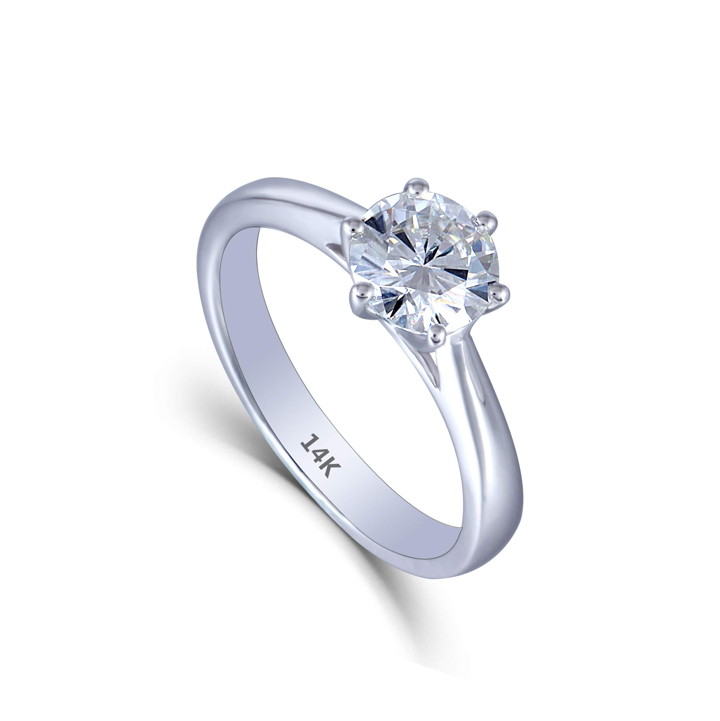DovEggs Solid 14K White Gold Moissanite Solitaire Engagement Rings for Women 1ct 6.5mm GH Color Heart Arrows Cut Created Moissanite Classic Women `s Engagement Wedding Rings(6)