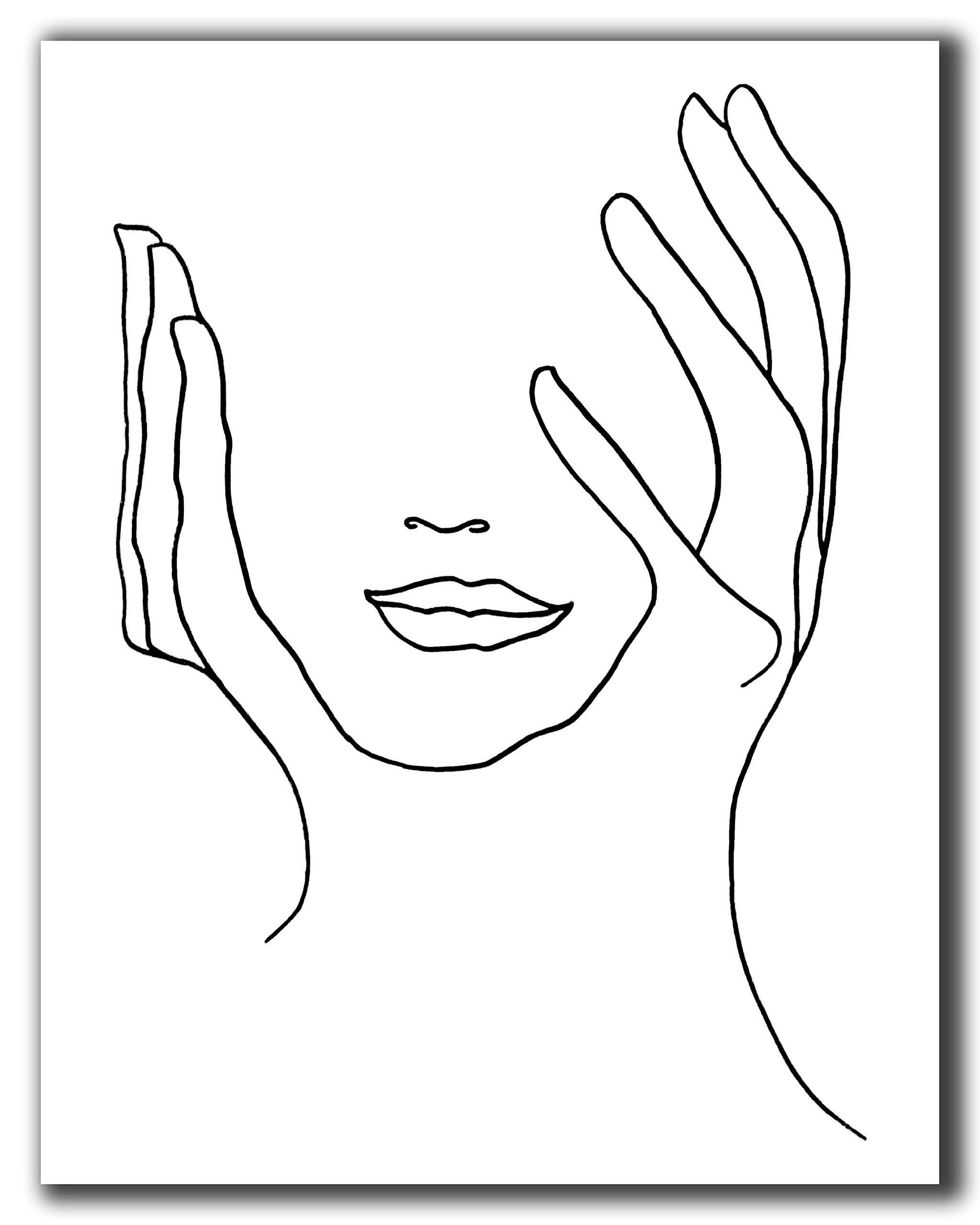 Abstract Minimalist Line Wall Decor - 11x14" UNFRAMED Print - Modern, Minimal, Black And White Drawing - Female Face And Hands Silhouette Wall Art