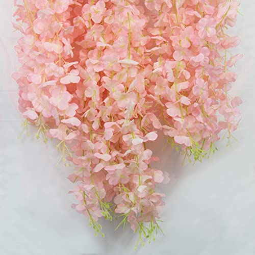 LUZOGA 25 Pack (90.2FT) Artificial Wisteria Flowers Fake Vine Ratta Hanging Garland Silk Flowers String for Home Party Garden Wedding Decor(Light Pink)