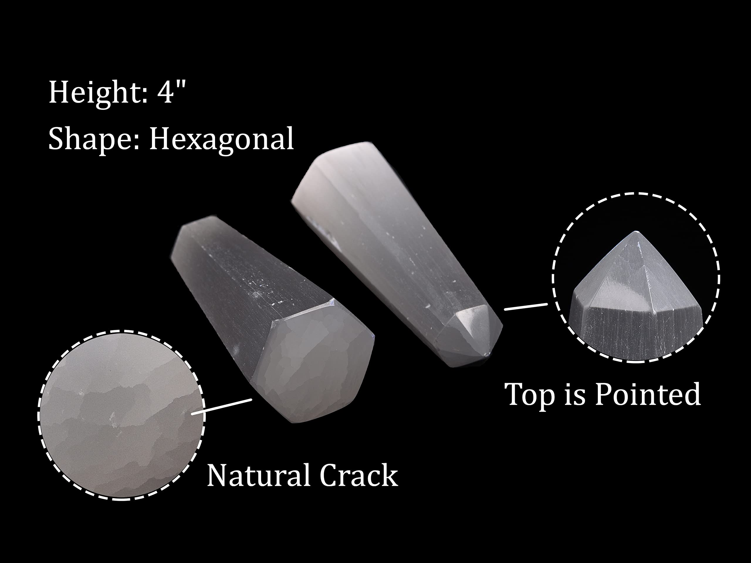 AMOYSTONE 4PCS Selenite Wand 4" Tall Healing Crystal Pyramid Point Wand for Powerful Charging