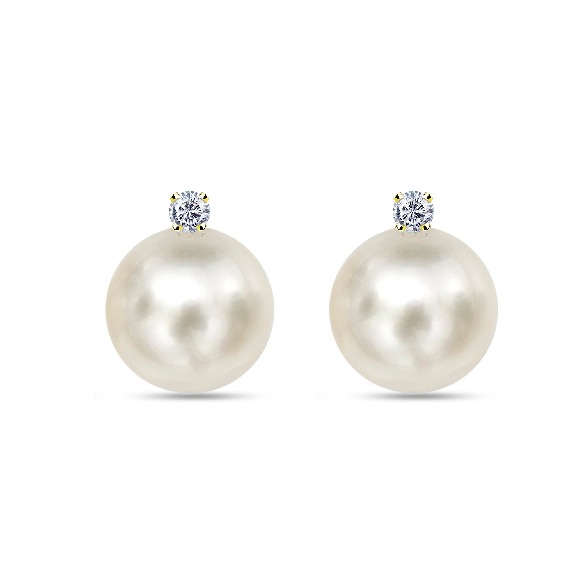 Amazon Collection 14k Yellow Gold 1/50cttw Diamond with 9-9.5mm Round White Freshwater Cultured Pearl Stud Earrings