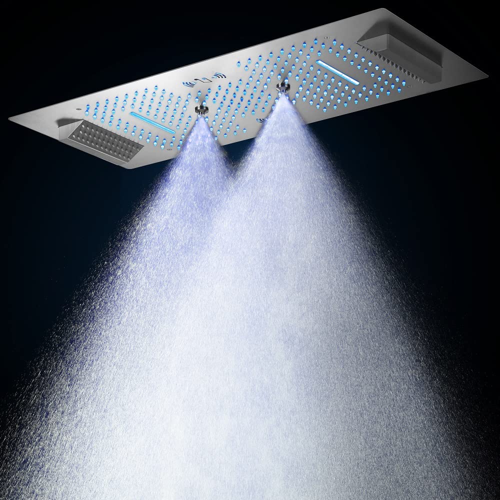 Cascada Luxury 16”x36” Music LED Shower Head with built-in Bluetooth Speakers, 4 functions (Rainfall, Waterfall, Mist Outlet & Side Rainfall) & Remote Control 64 Color Lights (Polished Gold)