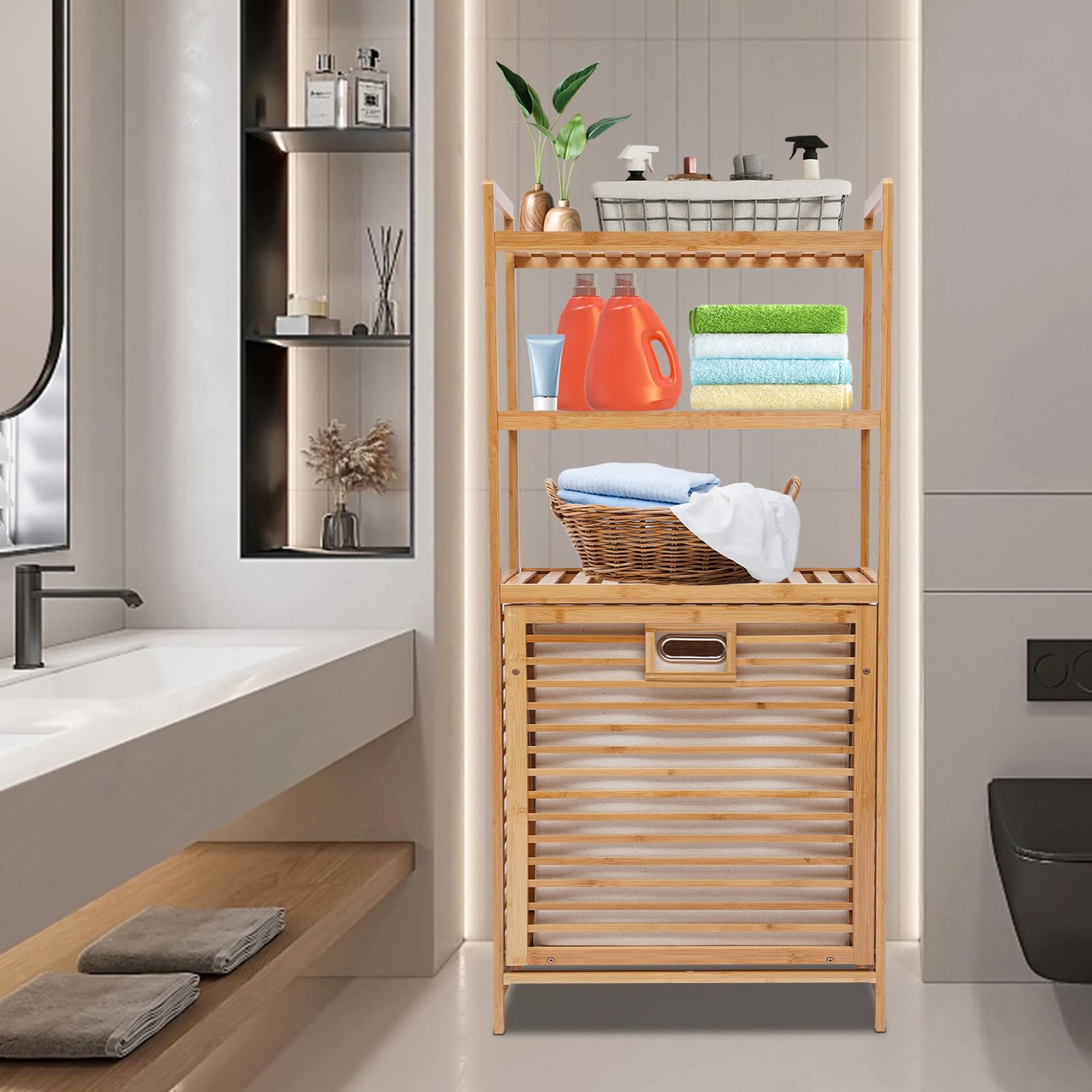 MEIWAIZX Bamboo Laundry Hamper Tilt Out Basket Laundry Hamper 4-Tier Linen Hamper with Removable Clothes Storage Basket, Freestanding Bamboo Laundry Shelf for Laundry Bathroom Bedroom