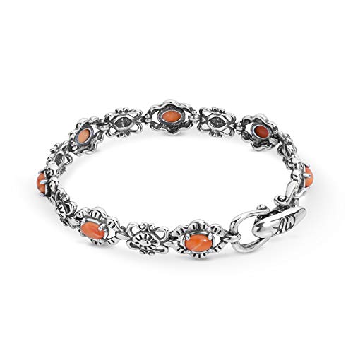 American West Sterling Silver Women's Link Bracelet Oval Orange Spiny Oyster Gemstone Size Small