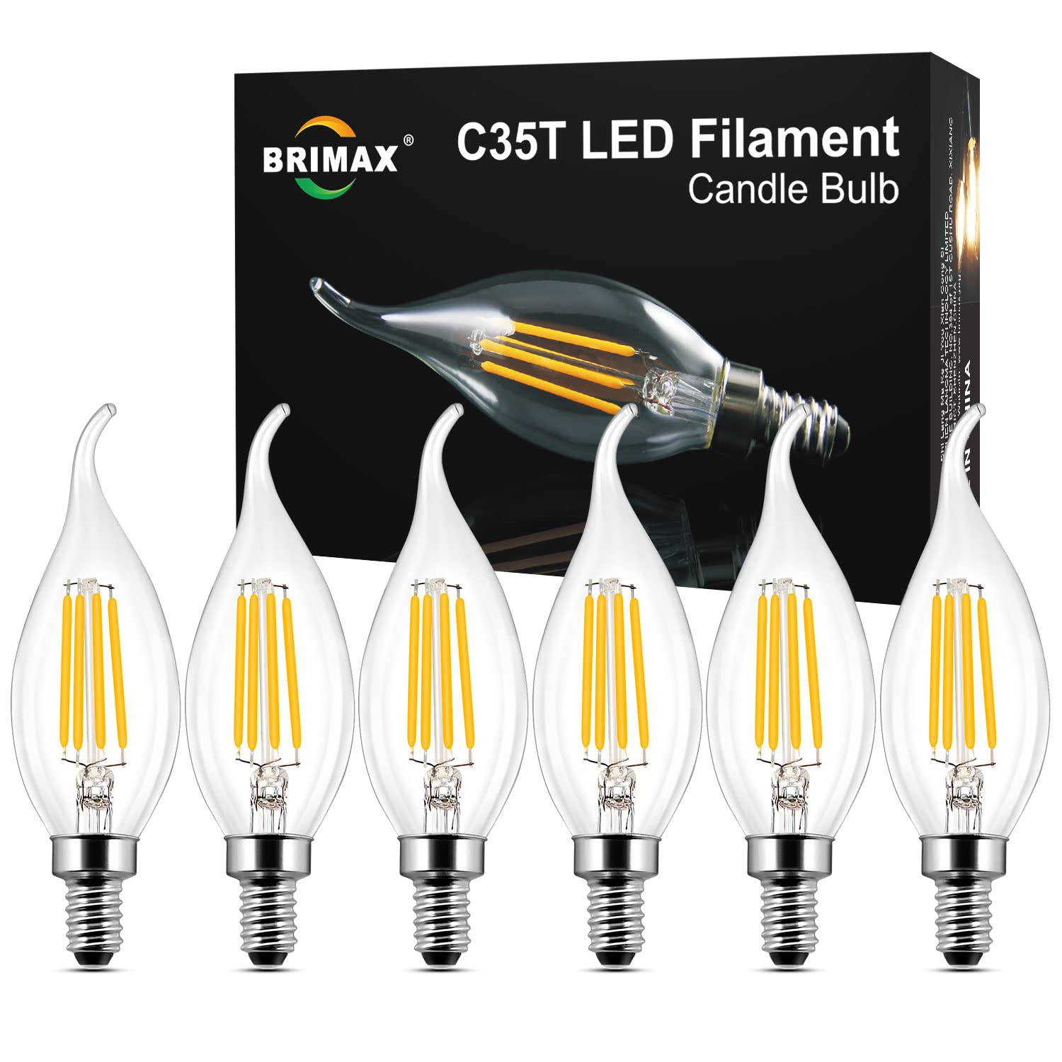 BRIMAX Dimmable E12 LED Chandelier Light Bulbs, 4W to Replace 25W/40W Candelabra Base Bulb, 2700K Soft Warm White, C35T Small Base Vintage Type B Light Bulb, Flame Tip, for Indoor and Outdoor, 6 Pack