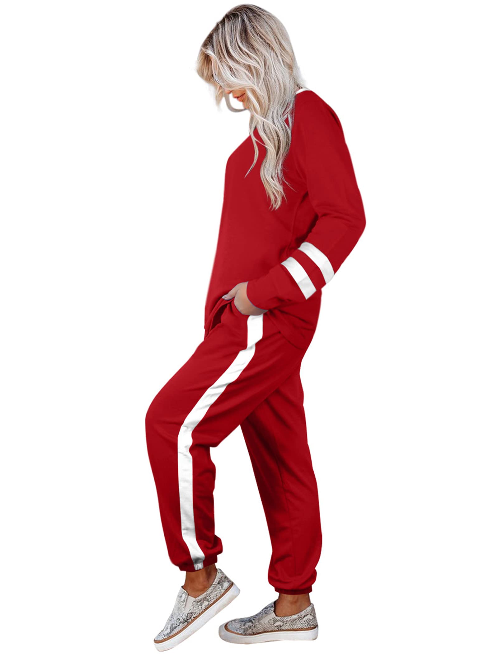 Aloodor Lounge Sets for Women 2 Piece Travel Outfits Stripe Sleeve Tops Red L