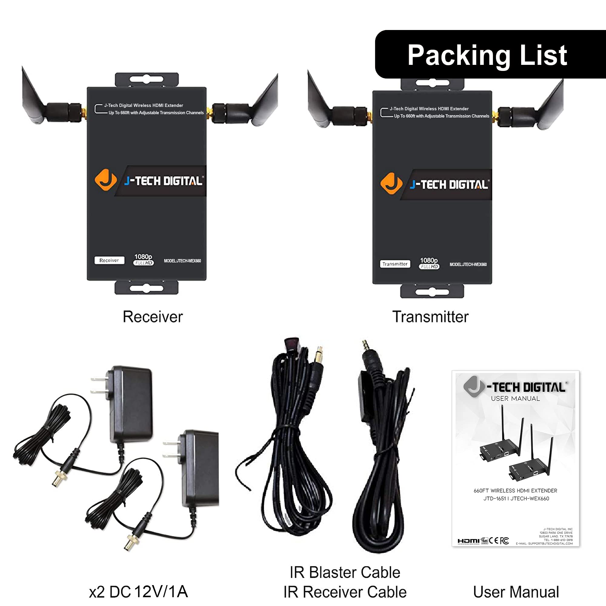 J-Tech Digital Wireless HDMI Extender 1080p up to 660 ft Extension, Transmitter & Receiver Kit Selectable Frequencies to Limit Interference, IR Remote Control (up to 4 Sets)