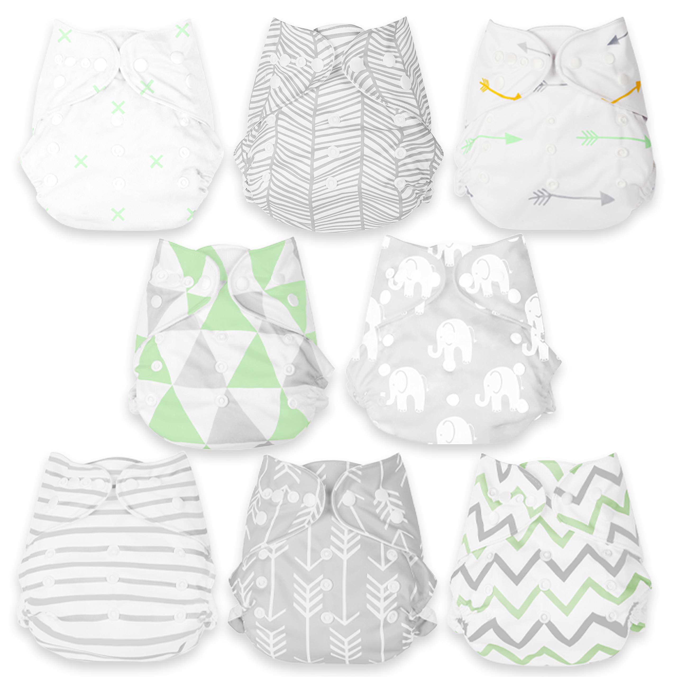 BaeBae Goods Adjustable Cloth Diapers for Boys and Girls – 8 Reusable Diapers for Babies with 8 Diaper Inserts (Green/Grey Triangles)
