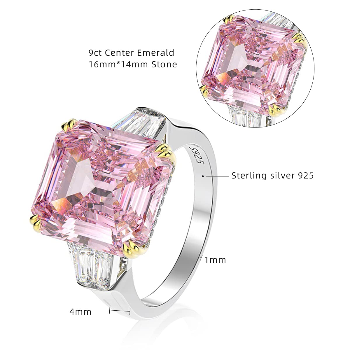 AINUOSHI Engagement Rings for Women Emerald Cut Solitaire 3 Stones 9 Carat Cubic Zirconia CZ Sterling Silver Wedding Band Anniversary Birthday Gift