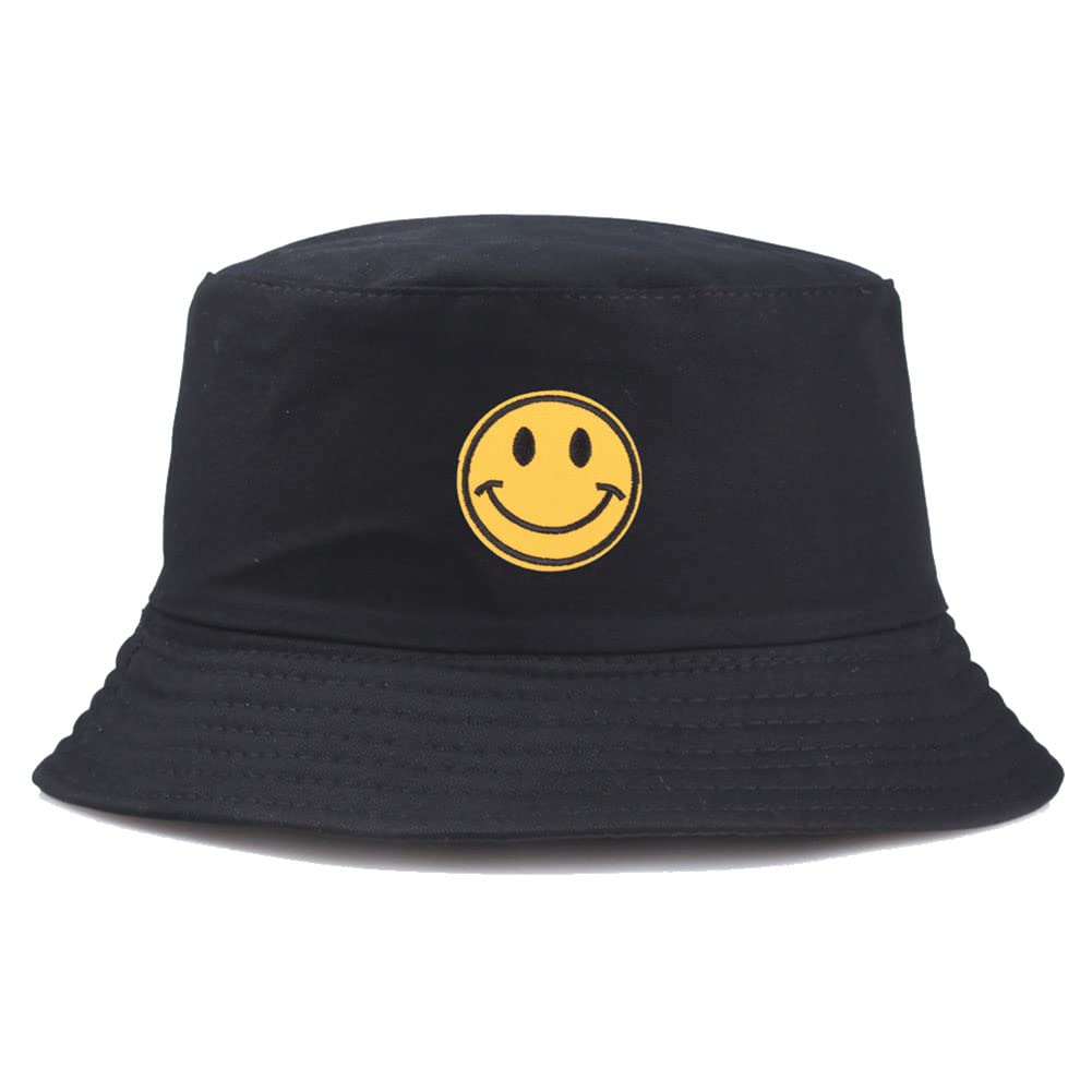 Anroll Unisex Smiling Face Embroidered Bucket Hats Sun Hat for Womens Men (Black)