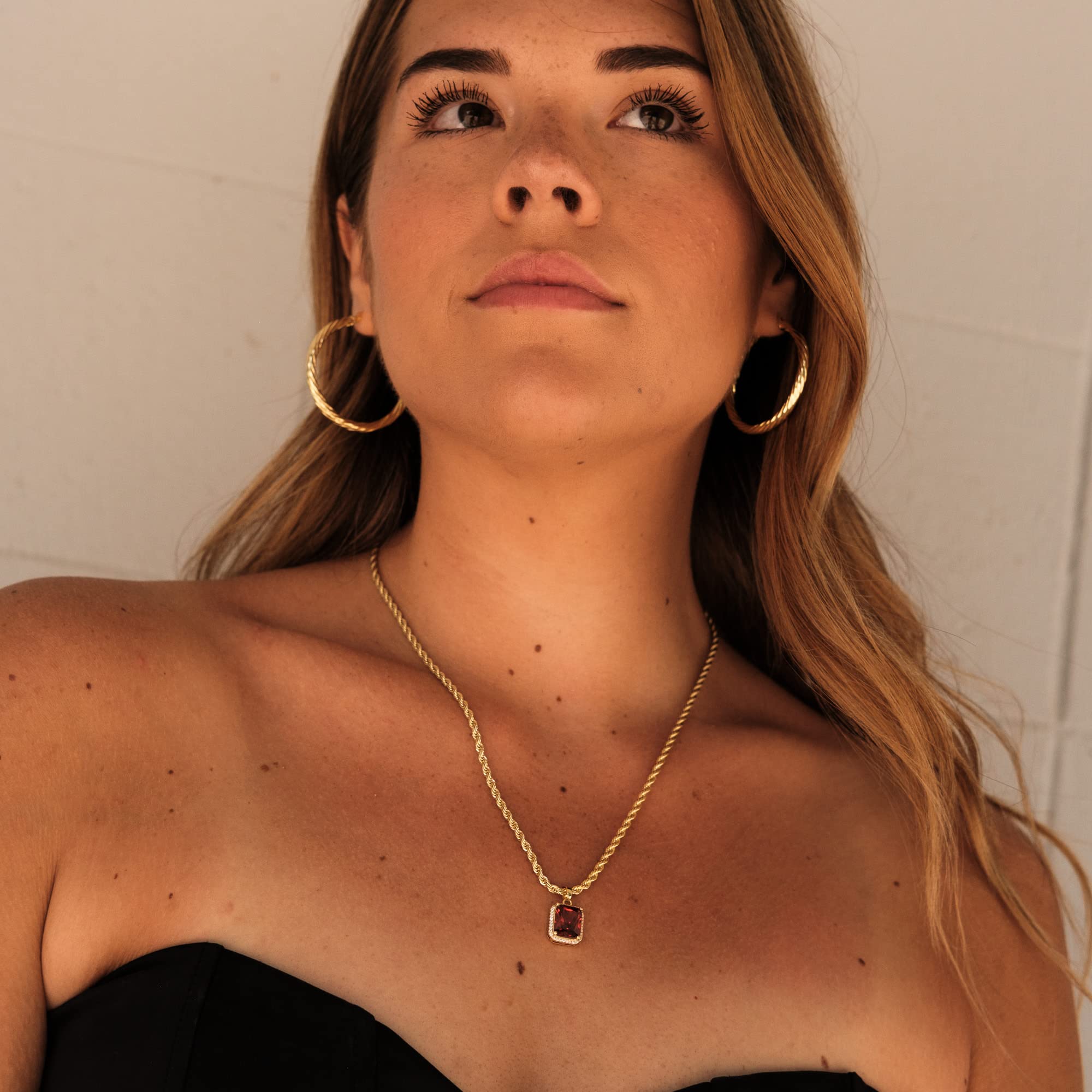 Baguette Stone Rope Necklace Roman Rope Statement Necklace | Gold Rope Chain Baguette Pendant Necklace | 18K Gold Plated Chain 20''-22'' Adjustable (Ruby CZ)