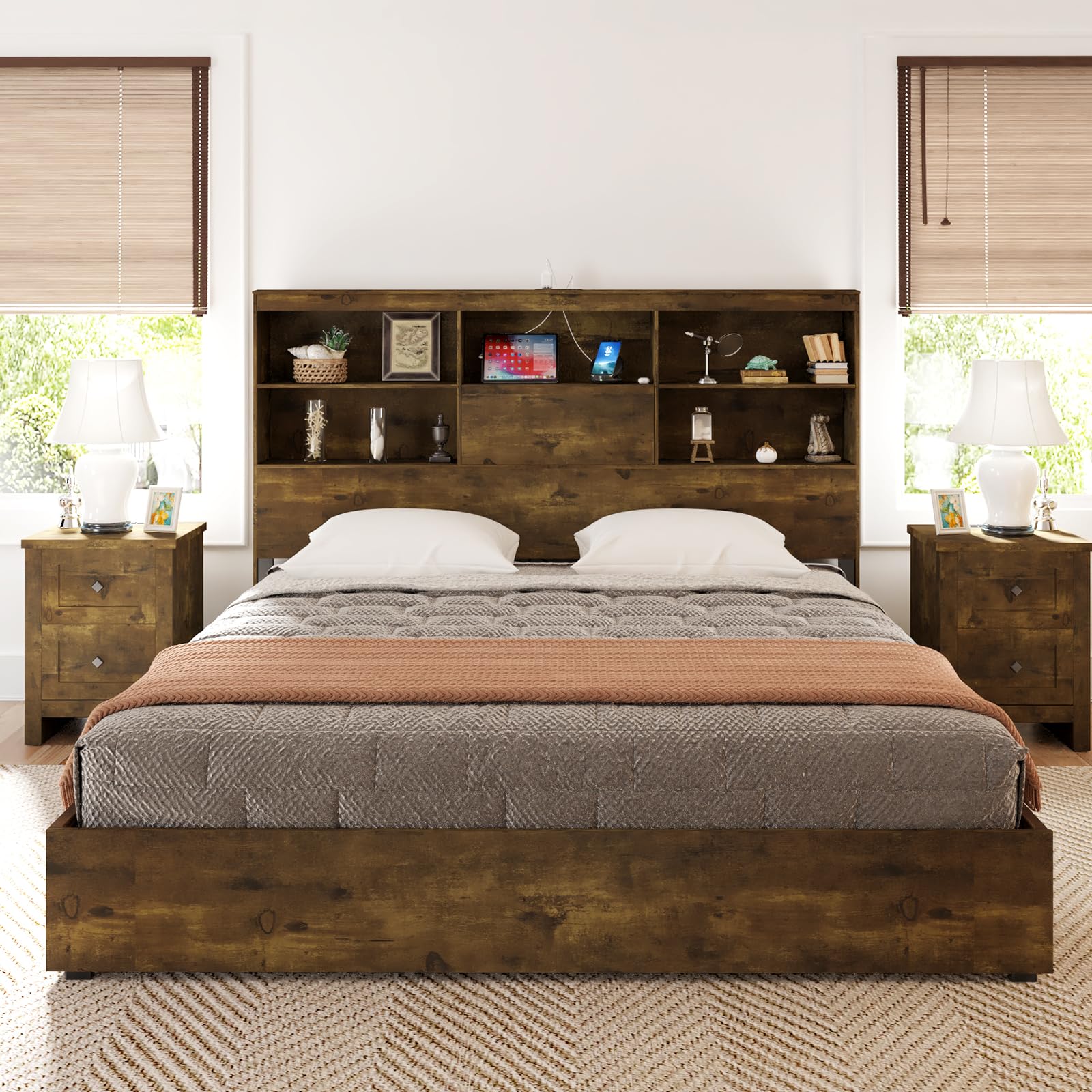 Albott Queen Size Bed Frame with 51.2" Bookcase Headboard, Wooden Platform Bed Frame with 4 Storage Drawers&Charging Station, No Spring Box Needed/No Noise, Rustic Brown