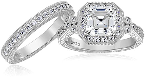 Amazon Essentials Platinum-Plated Sterling Silver Antique Ring set with Asscher-Cut Infinite Elements Cubic Zirconia, Size 8 (previously Amazon Collection)