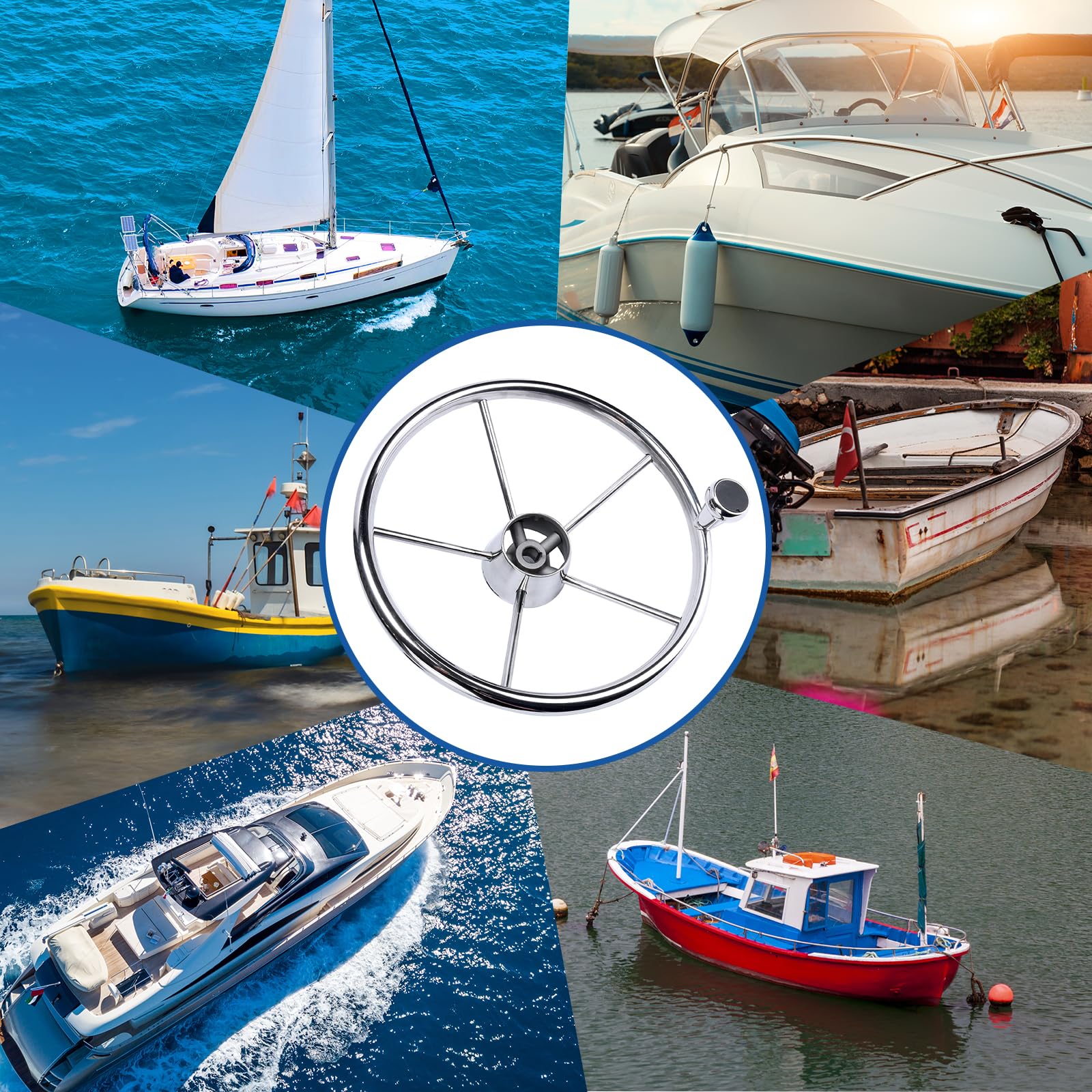 Amarine Made Destroyer Style Stainless Boat Steering Wheel, Marine Steering Wheel 5 Spoke 13-1/2 Inch, Stainless Steering Wheel with Big Size Knob