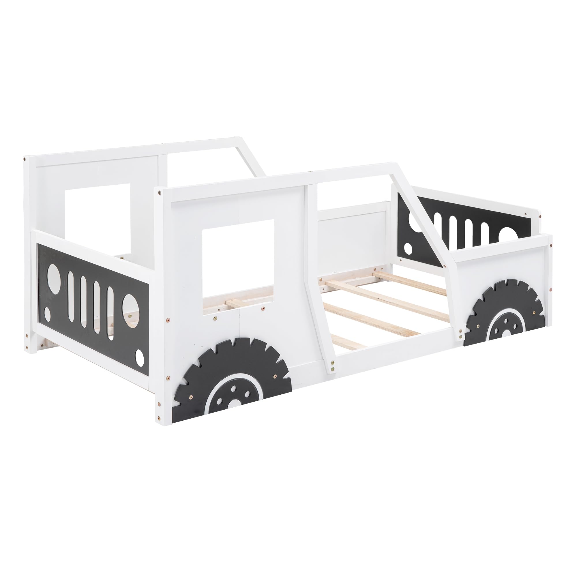 MERITLINE Twin Size Kids Floor Bed with Car-Shaped and Wheels, Wooden Twin Platform Bed Frames with Doors and Windows, Twin Car Bed with Slat Support for Kids Boys Girls, No Box Spring Needed, White