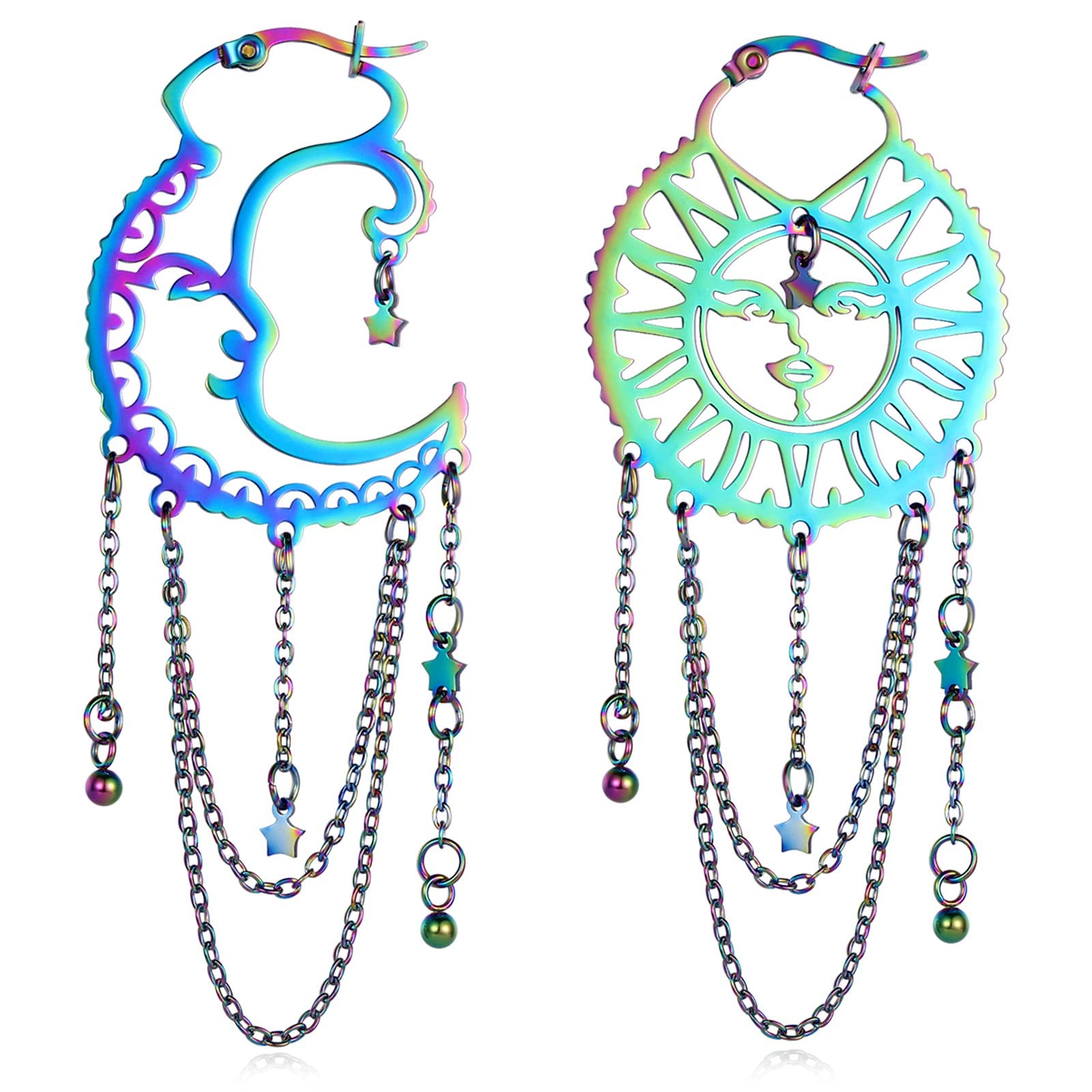 AntDear Asymmetrical Sun and Moon Earrings for Women Dangling, Rainbow Boho Earrings Star Tassel Chain Drop Dangle Statement Earrings Stainless Steel Bohemian Jewelry (Rainbow)