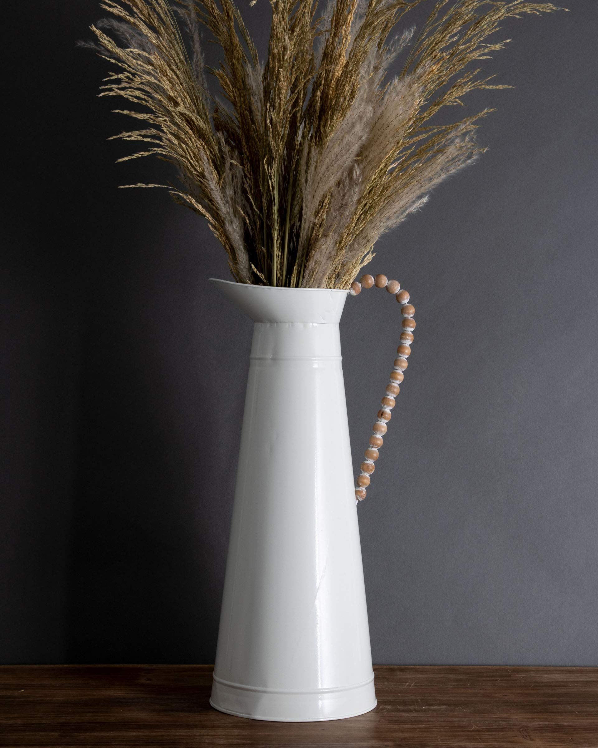 Foreside Home and Garden White Modern Decorative Pitcher Vase with Wood Bead Handle