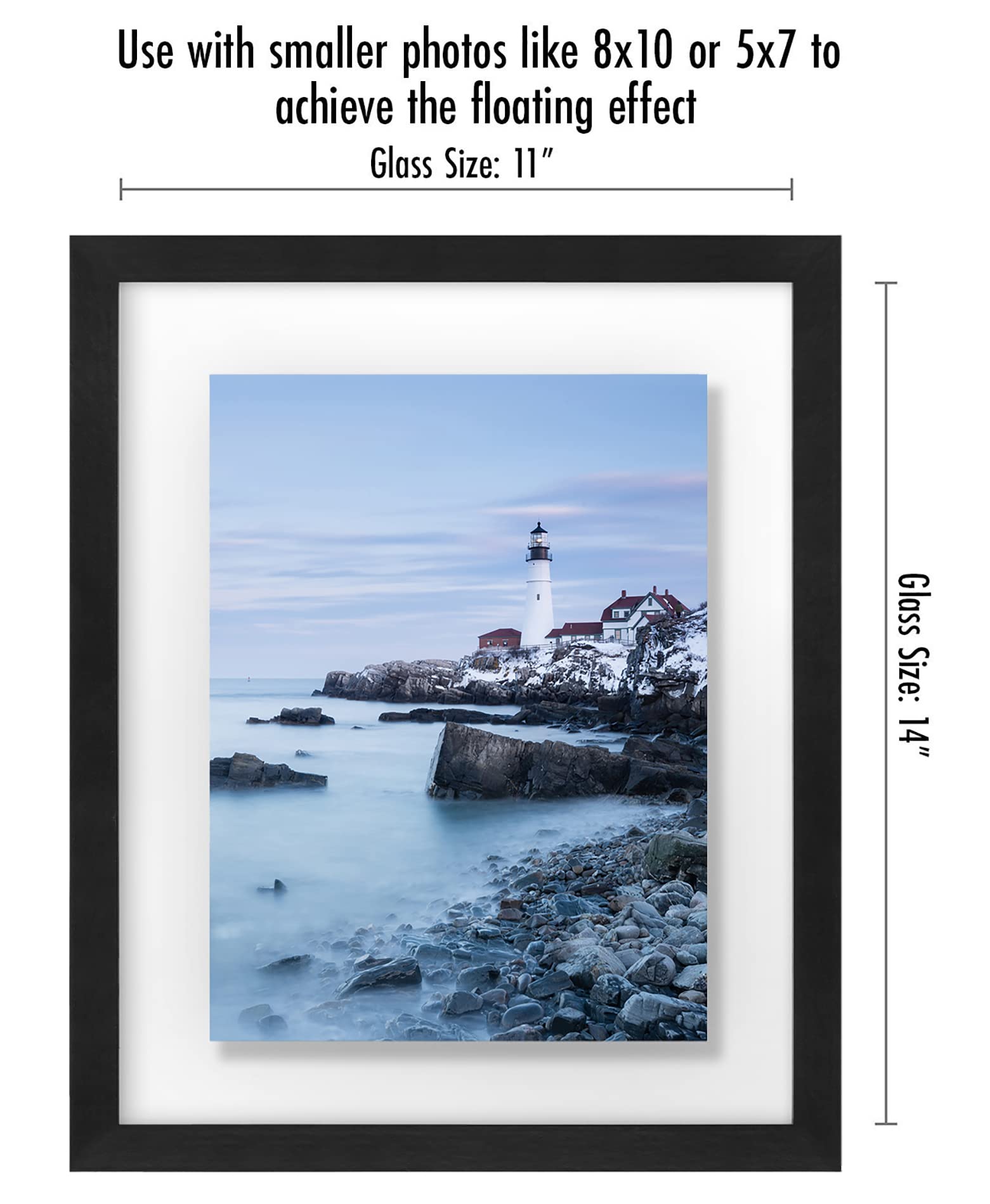 Americanflat 11x14 Floating Picture Frame in Black - Use as 11x14 Frame, 8x10 Floating Frame, or 5x7 Floating Frame with Polished Glass and Hanging Hardware - Horizontal and Vertical Formats for Wall