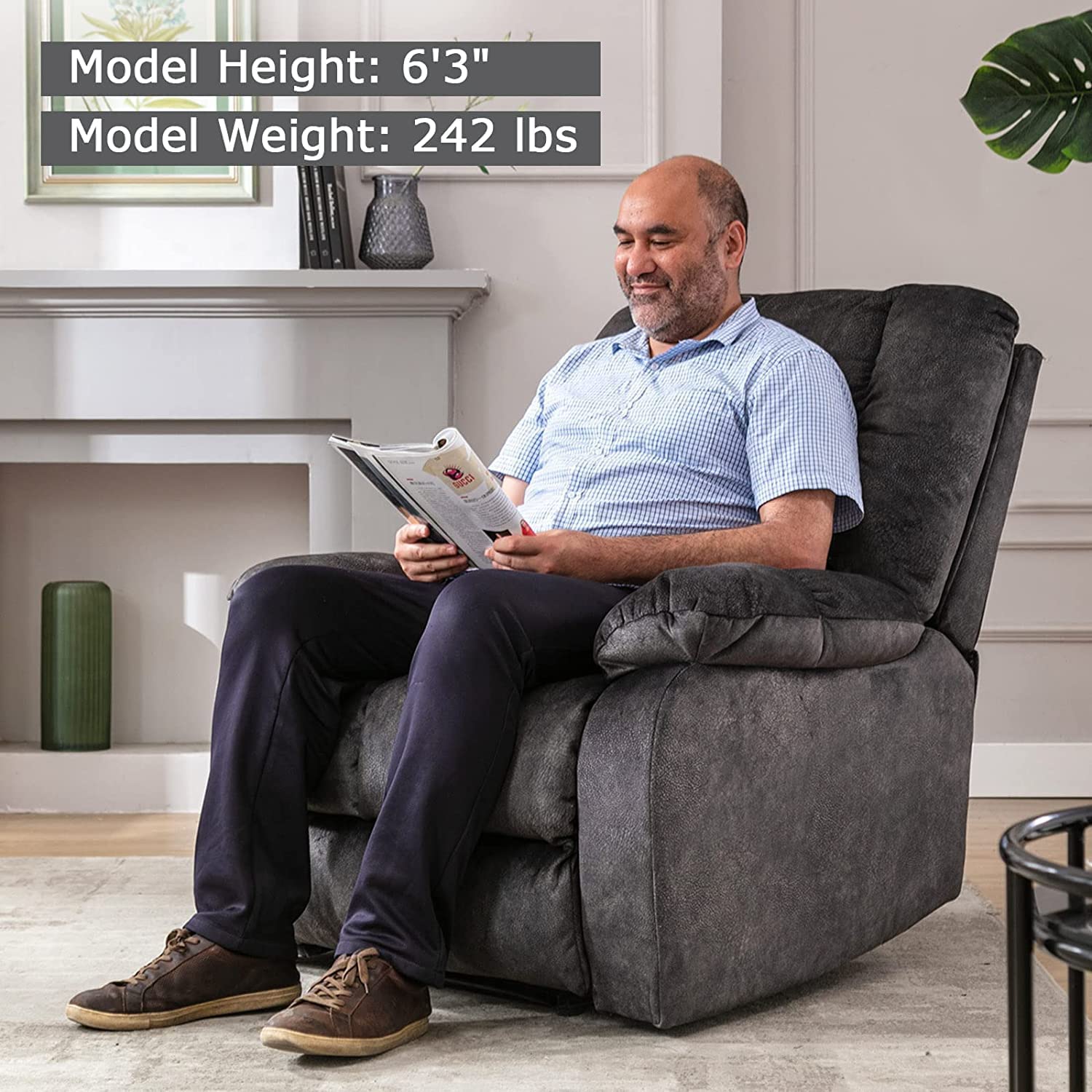 ANJHOME Overstuffed Massage Recliner with Heat and Vibration, Soft Fabric Manual Reclining Chairs with Side Pocket for Living Room (Gray)