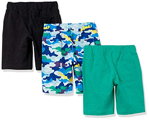 Amazon Essentials Boys' Knit Jersey Play Shorts (Previously Spotted Zebra), Pack of 3, Black/Blue/Green, Camo/Emoji, Medium