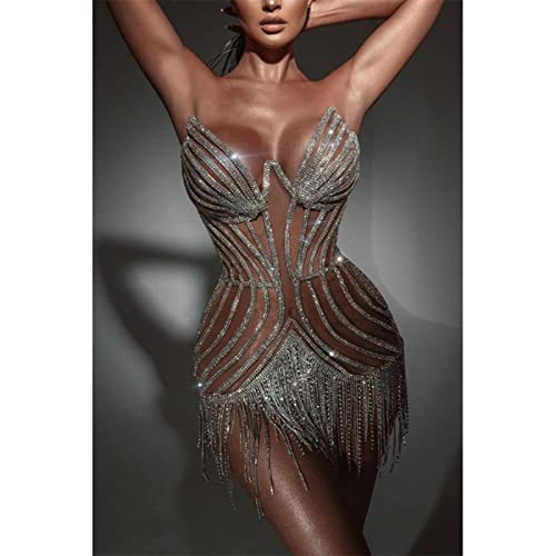Baidicheng Crystal Bras Bikini Chain Suit Bridal Luxury Rhinestone Bra Underwear Prom Party Beaded Gorgeous Body Chain for Women's,Silver