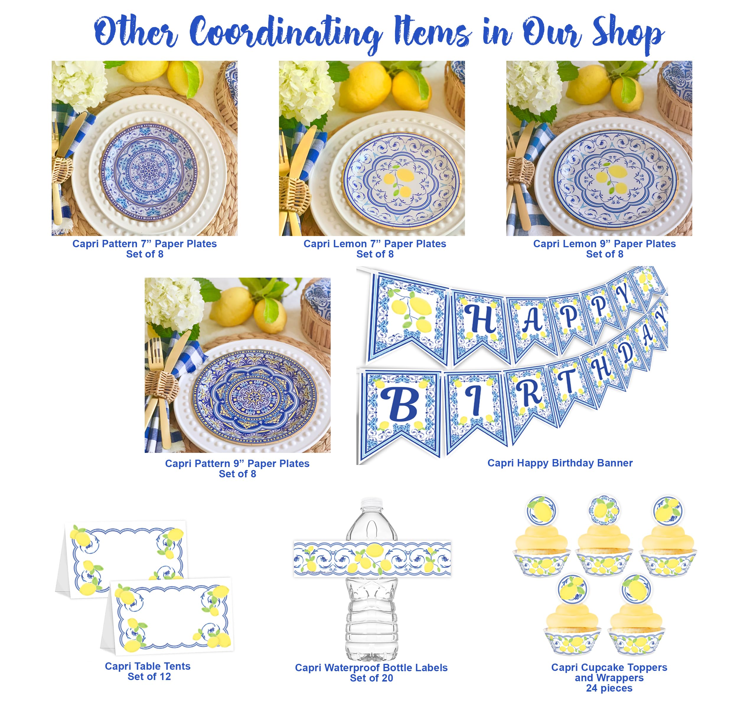Capri Lemon Buffet Cards Place Cards - 12 Lemon Table Tents - Lemon Place Cards - Lemon Decorations - Blue Tile Party Decorations - Lemon Party Supplies - Blue Tile Party Decorations - Table Tents
