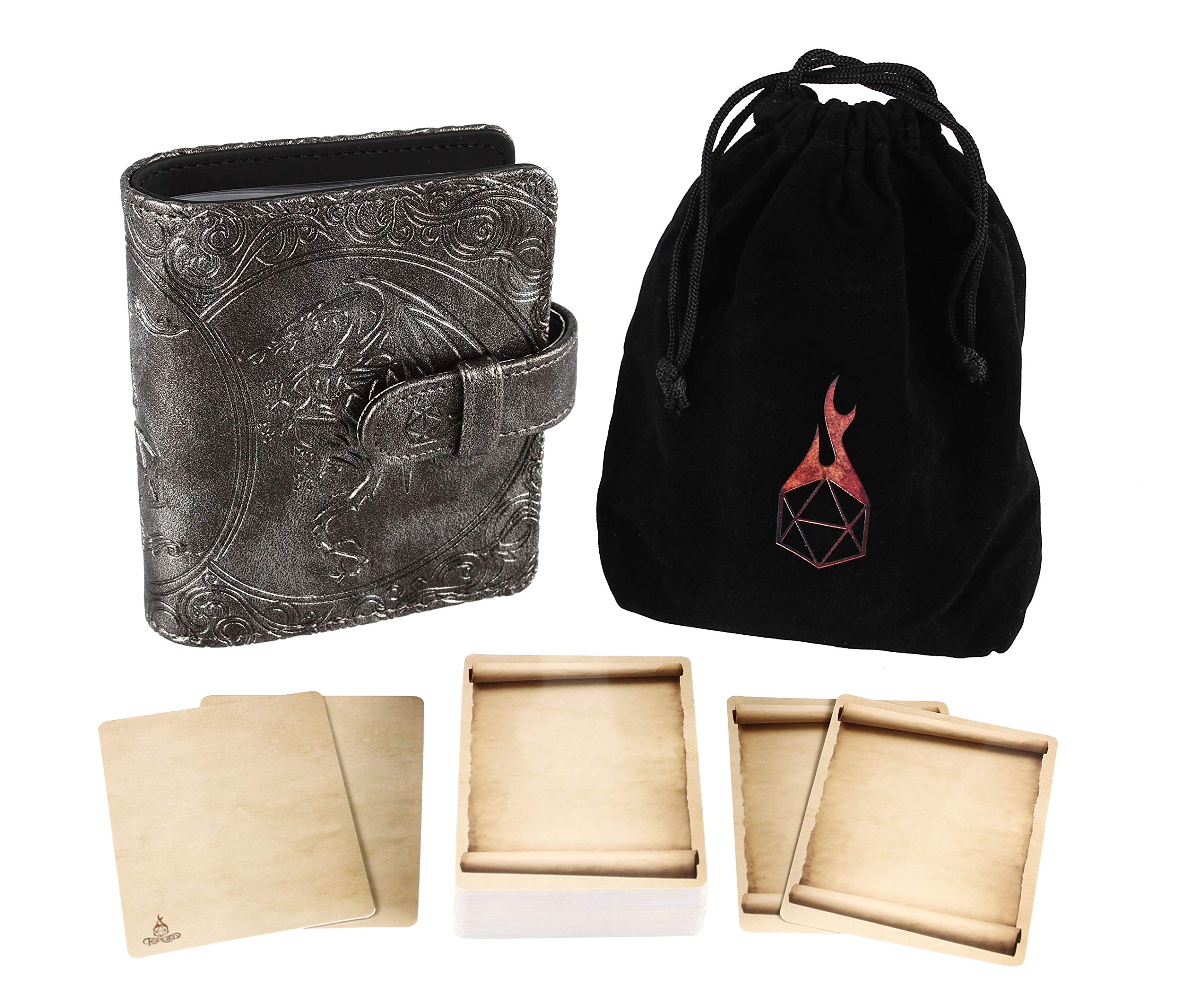 Forged Dice Co Spellbook of Incantations (Dragon Edition) Spellbook Card Holder & Deck of Dry Erase Cards with Velvet Storage Bag - Storage for D&D Spell Book Monster Magic Item Cards