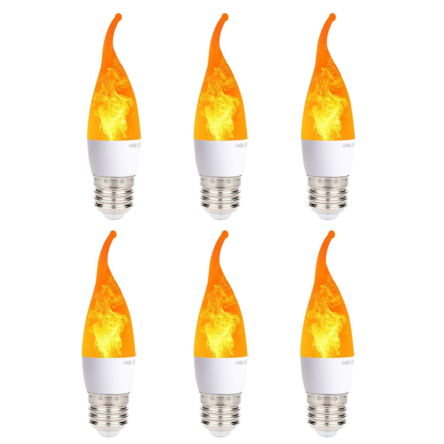 BAILAOYE 6 Pack LED Simulated Fire Flicker Flame Light Bulb, 3 Modes (Emulation General Breathing) 2W 1800K Warm White, E26 Base Fire Light Bulbs with Gravity Sensor for Home Bar Party Decorations