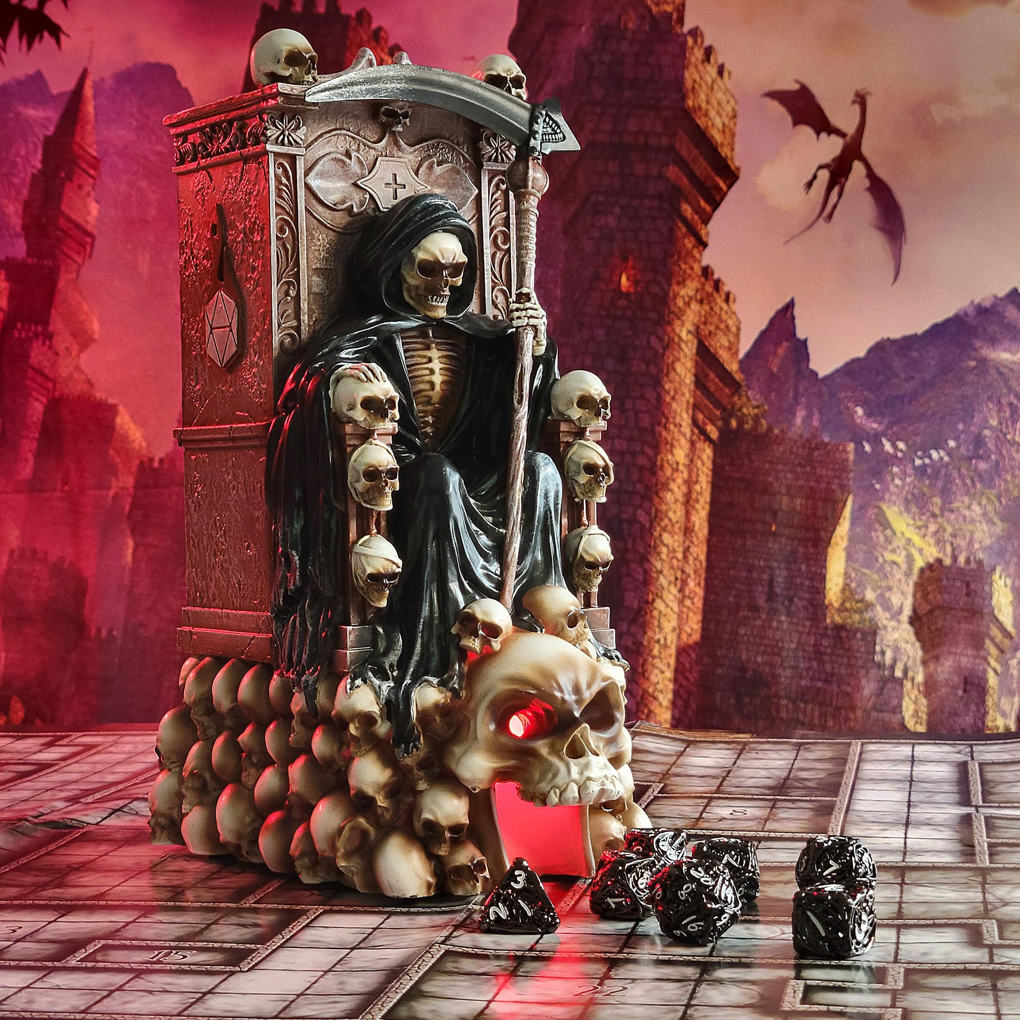 Forged Dice Co. Grim Bones Dice Tower with LED Skull - Hand Painted Grim Reaper Dice Rolling Tower Made from Heavy Duty Resin - Compatible with DND Accessories and Tabletop RPG Games