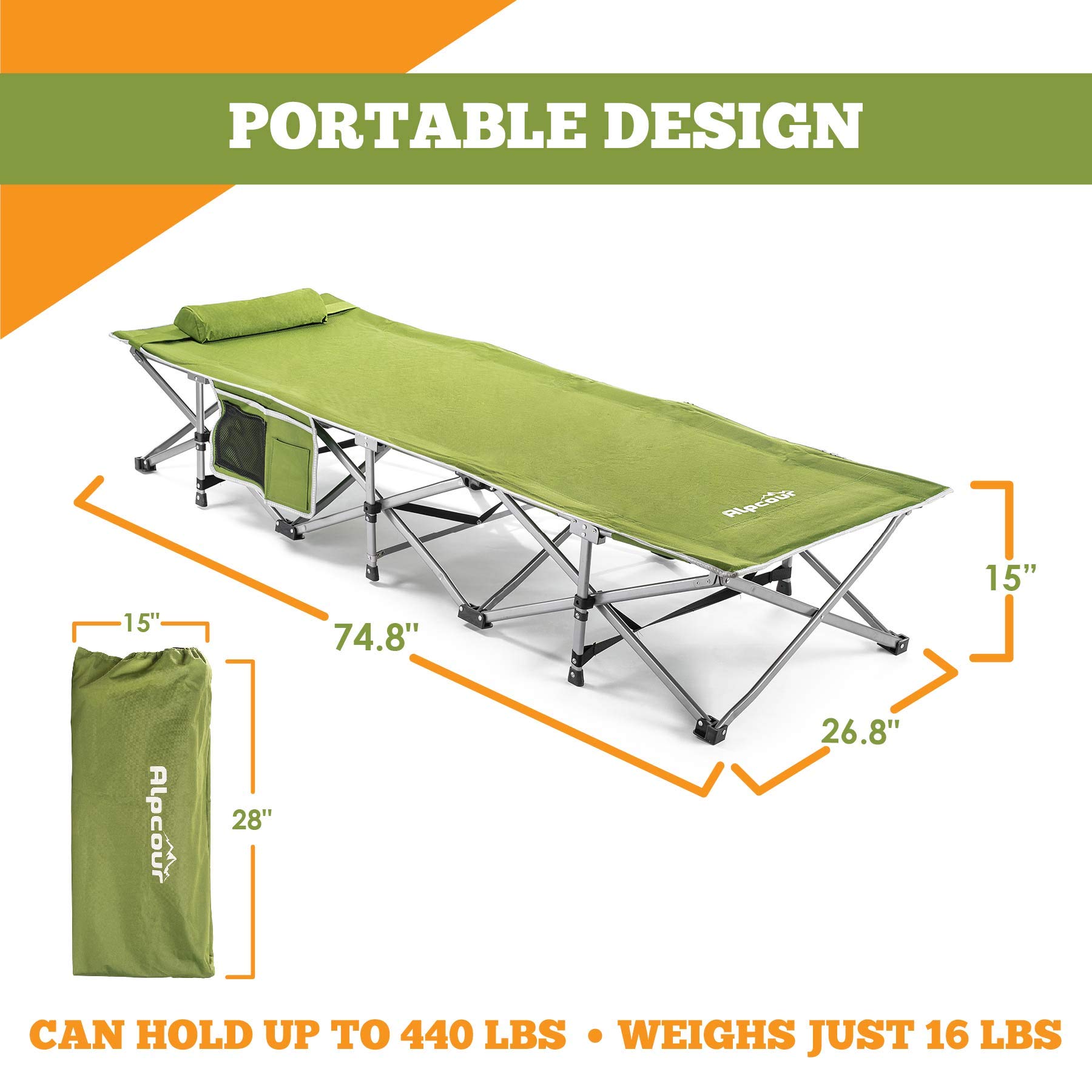 Alpcour Folding Camping Cot – Extra Strong Single Person Small-Collapsing Bed in a Bag w/Pillow for Indoor & Outdoor Use – Deluxe Comfortable Extra Heavy Duty Design Holds Adults & Kids Up to 440 Lbs