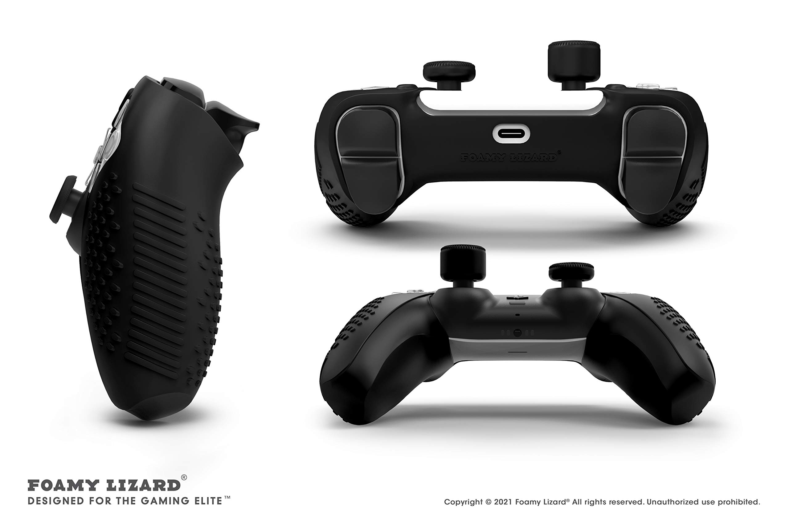 Foamy Lizard SensePro PS5 Controller Skin | Dock Compatible, Soft Flat Anti-Slip Studded Silicone Gel Grip Cover for PlayStation 5 Dualsense, Rubber Protector Plus 8 Raised Thumb Grip Caps (Black)