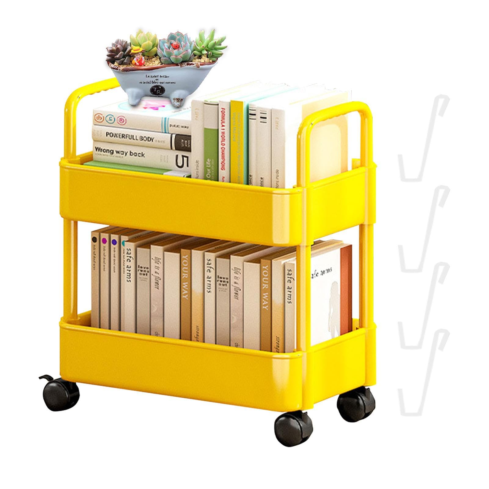 ANZAGA Bookshelf Cart, 2 Tier Rolling Cart Book Organizer, Movable Bookshelf, Rolling Shelf with Wheels & Hooks, Movable Storage Organizer for Home and Office