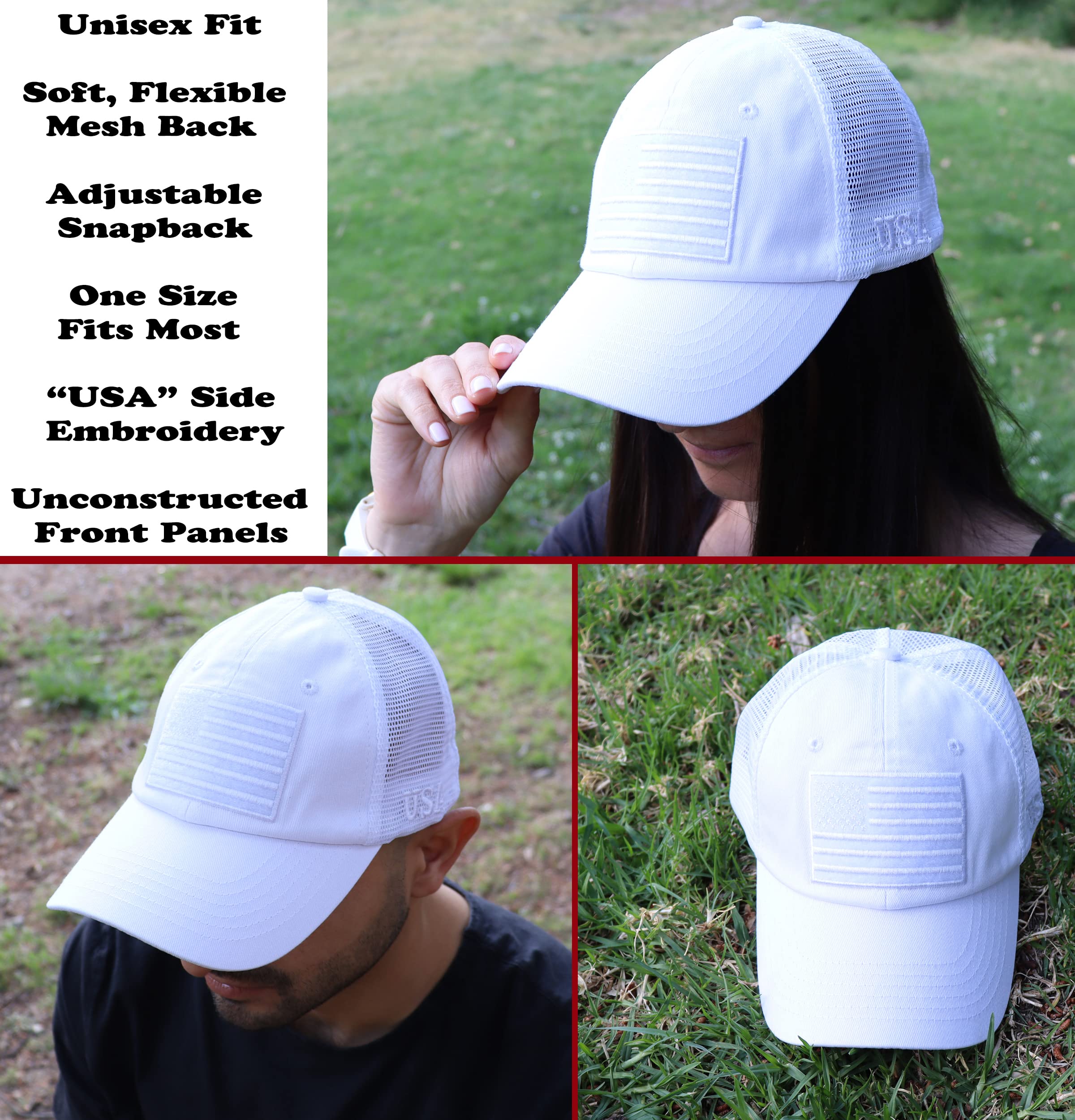 Antourage American Flag Unconstructed Hat for Men and Women Twill Mesh Snapback Baseball USA Flag Cap + 2 Patriotic Patches ((16) White Classic Mesh Snapback)